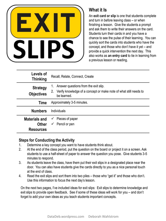 Example exit slip prompts | PDF | Educational Assessment | Education