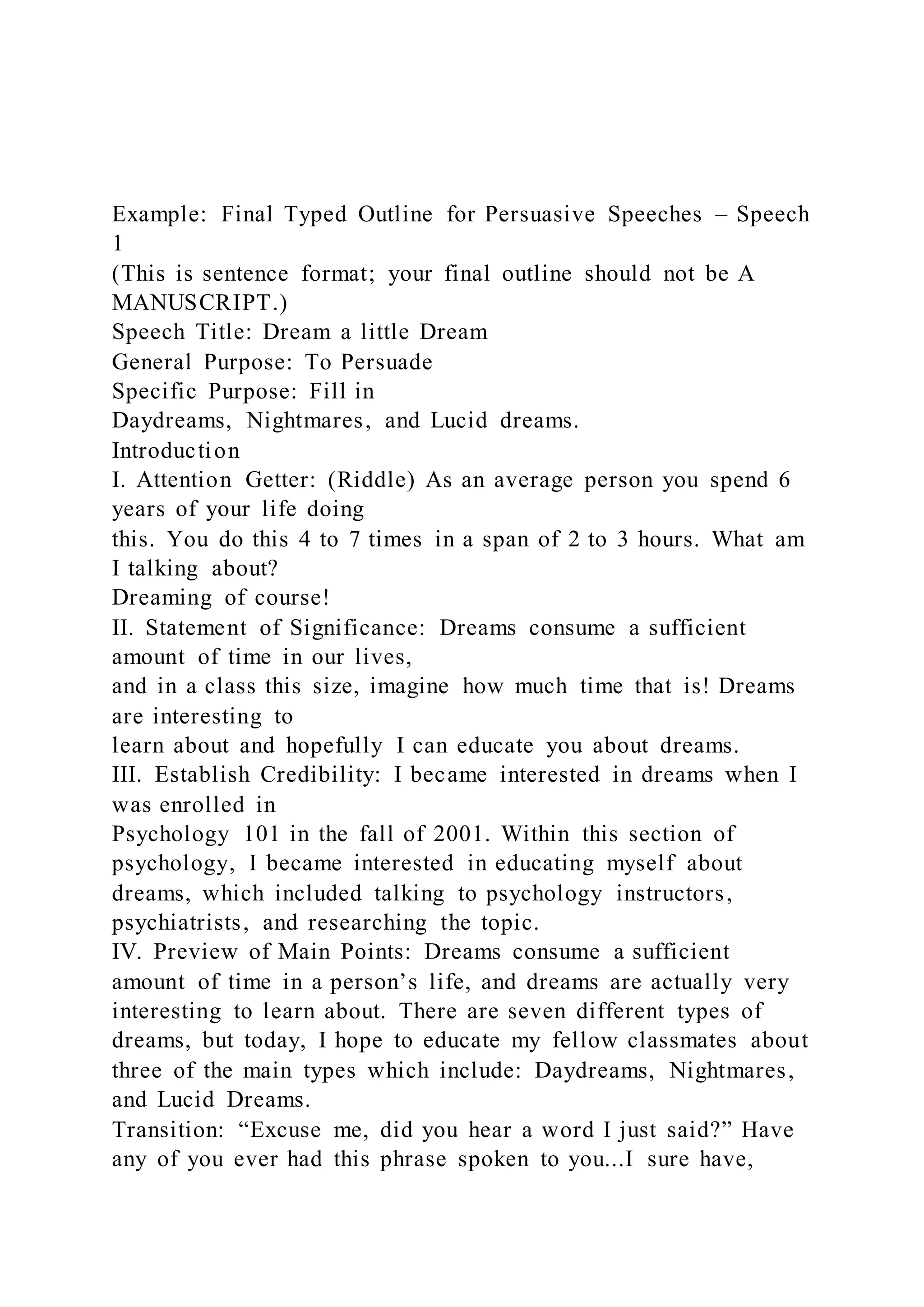 Example Final Typed Outline for Persuasive Speeches – Speech 1 | DOCX