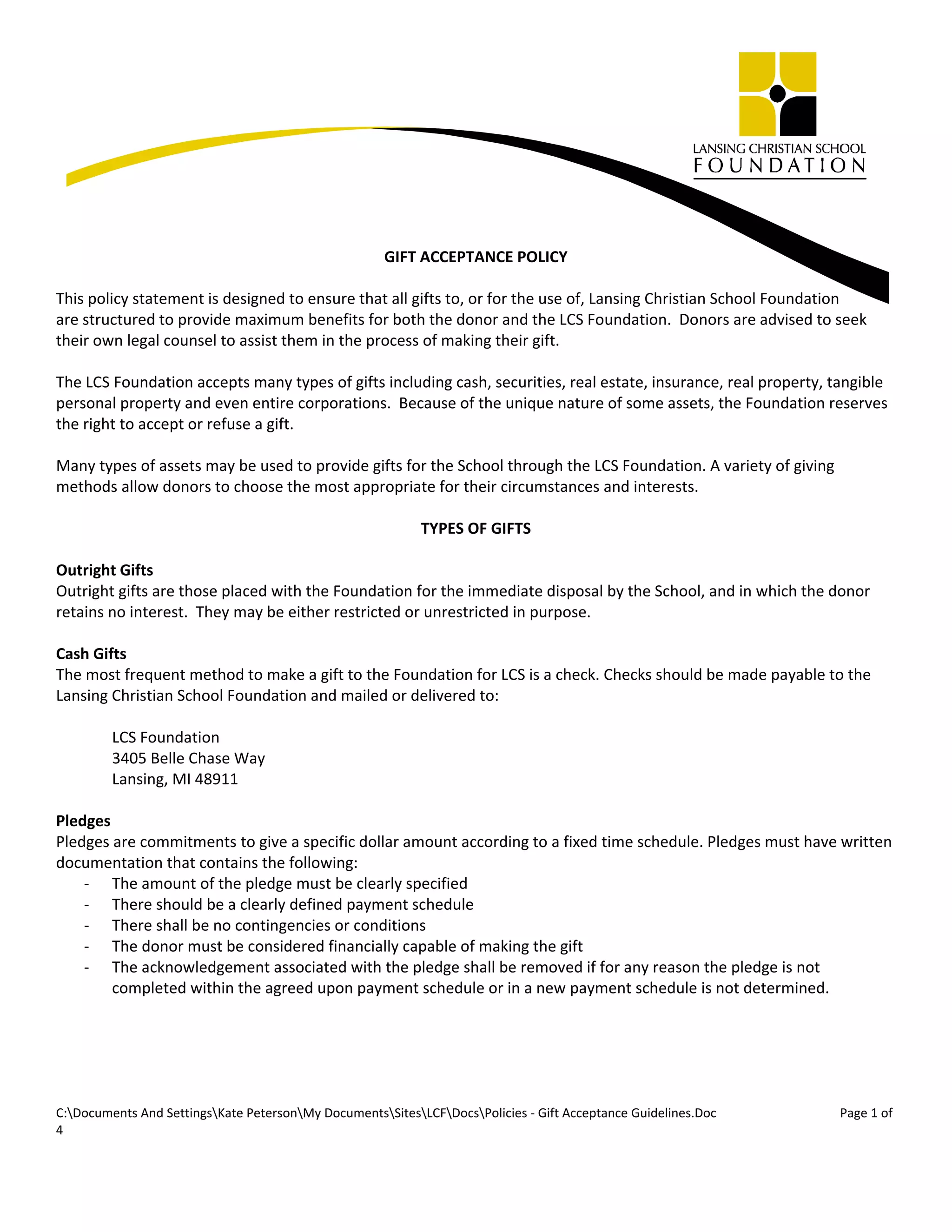 Example gift acceptance guidelines | PDF
