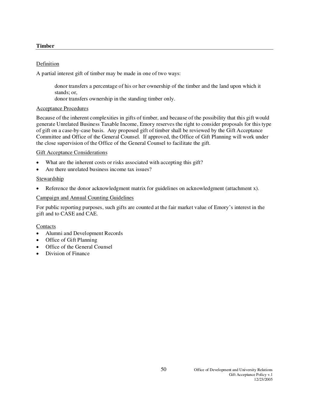 Example gift acceptance policy