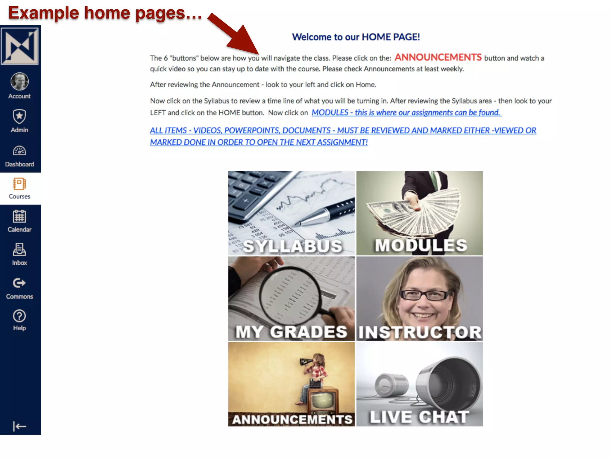 Example Home Pages in Canvas | PPT