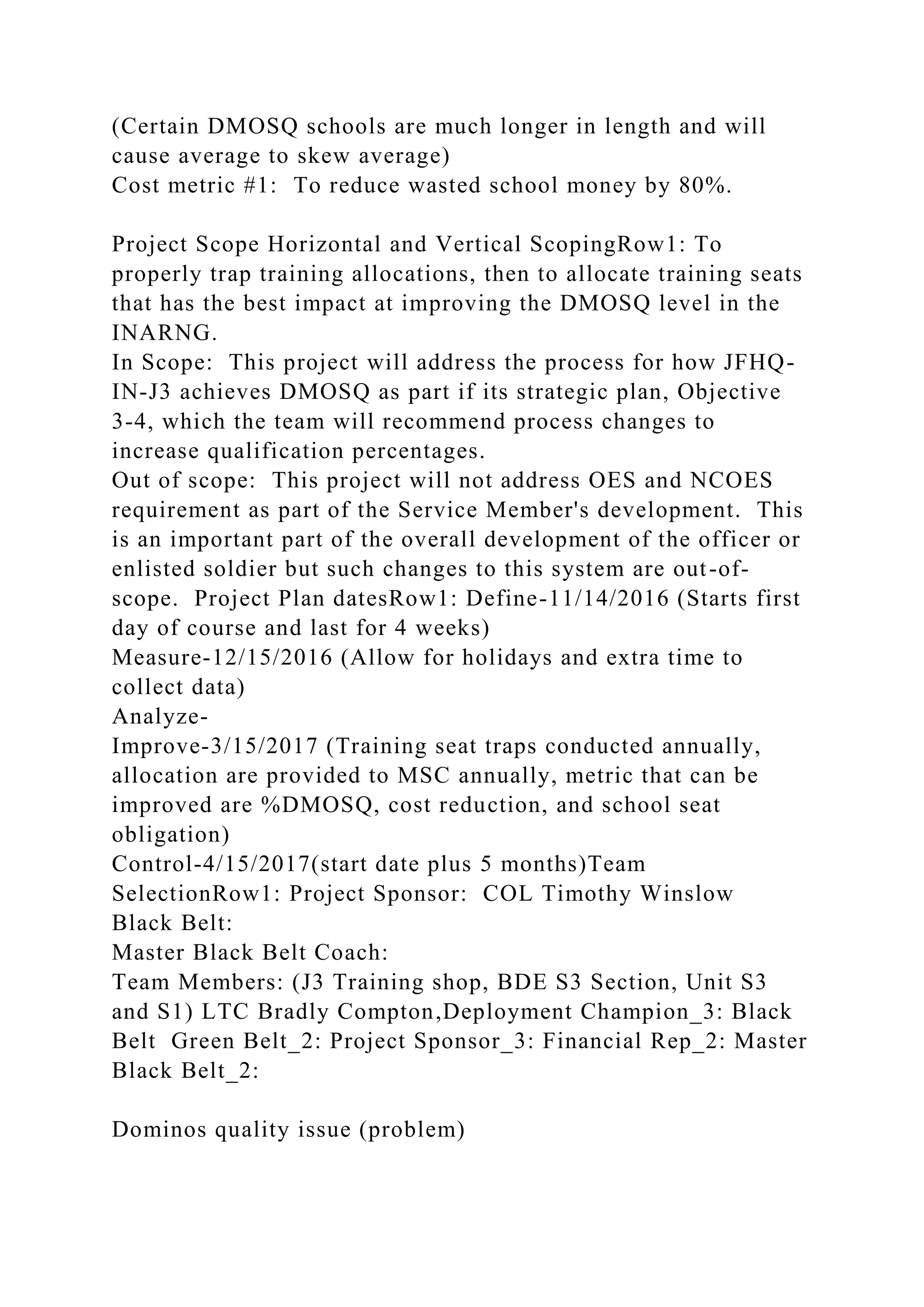 Example Lean Six Sigma Charter Enclosure 2, LSS.docx