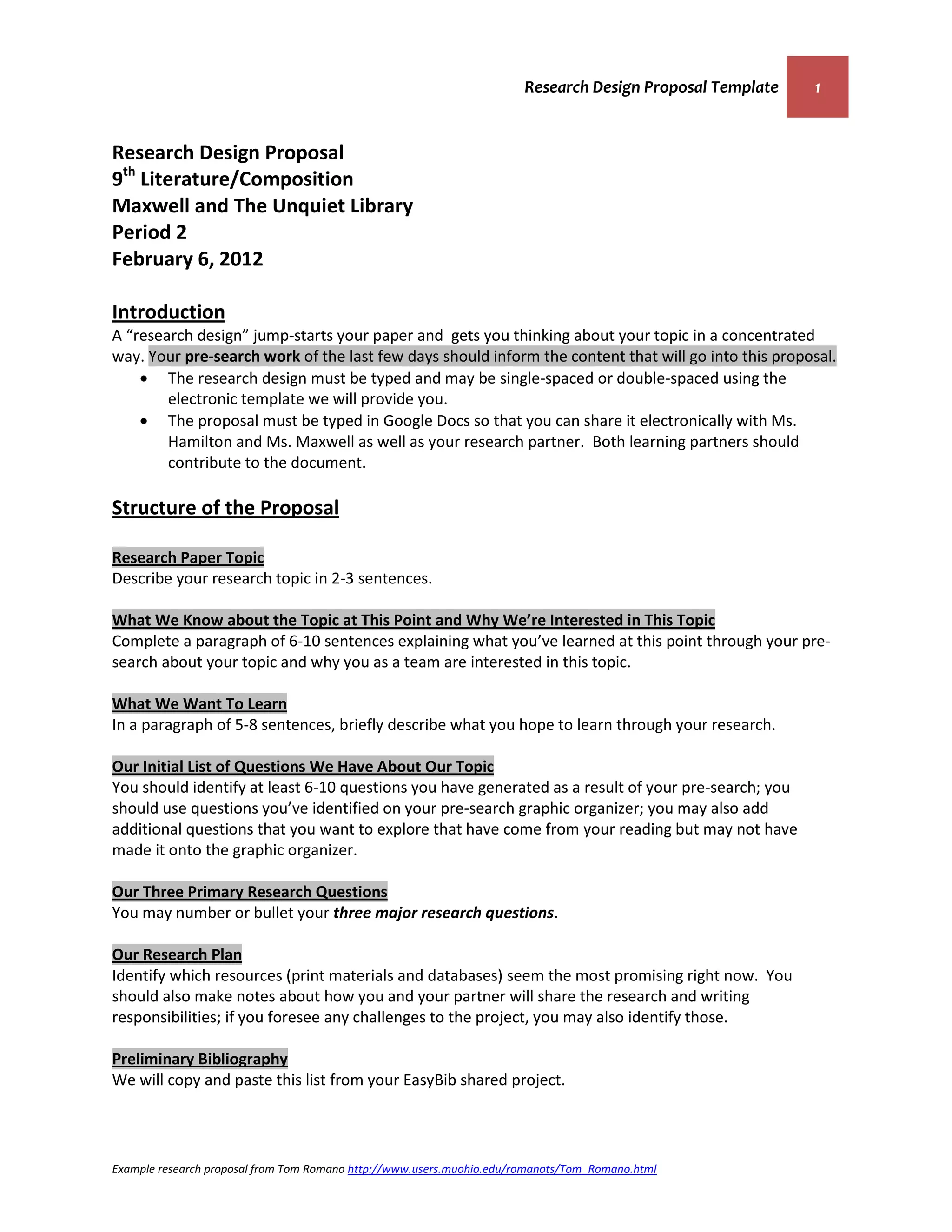 Research Design Proposal Guidelines and Template Maxwell and The ...
