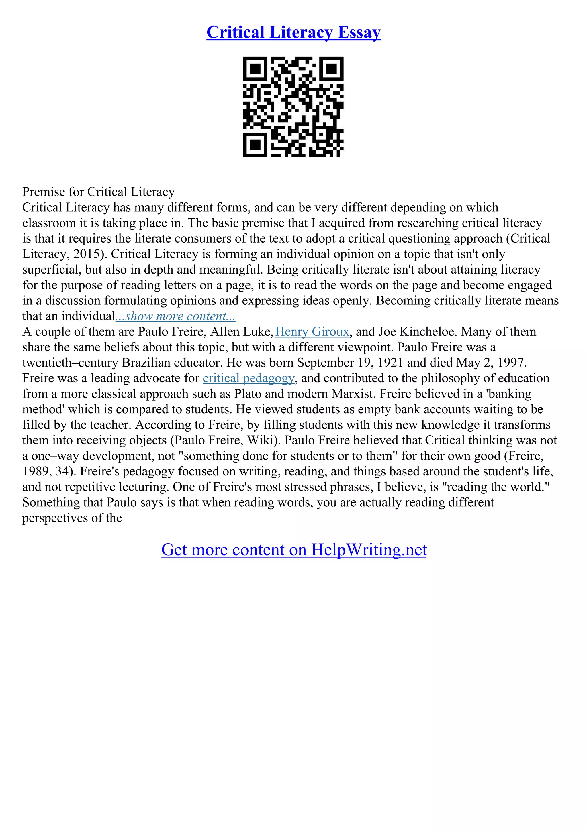 Example Of Critical Essay Writing | PDF