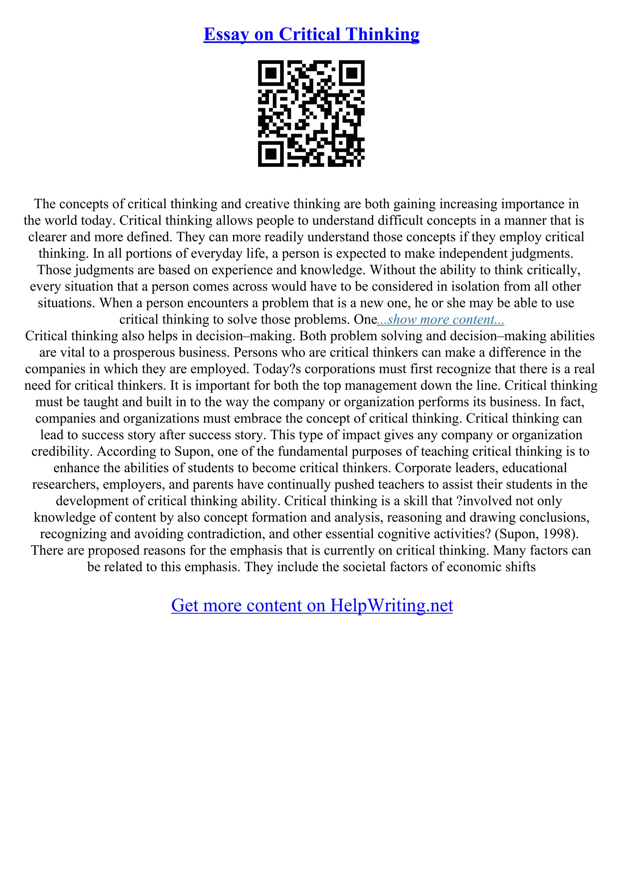 Example Of Critical Essay Writing | PDF