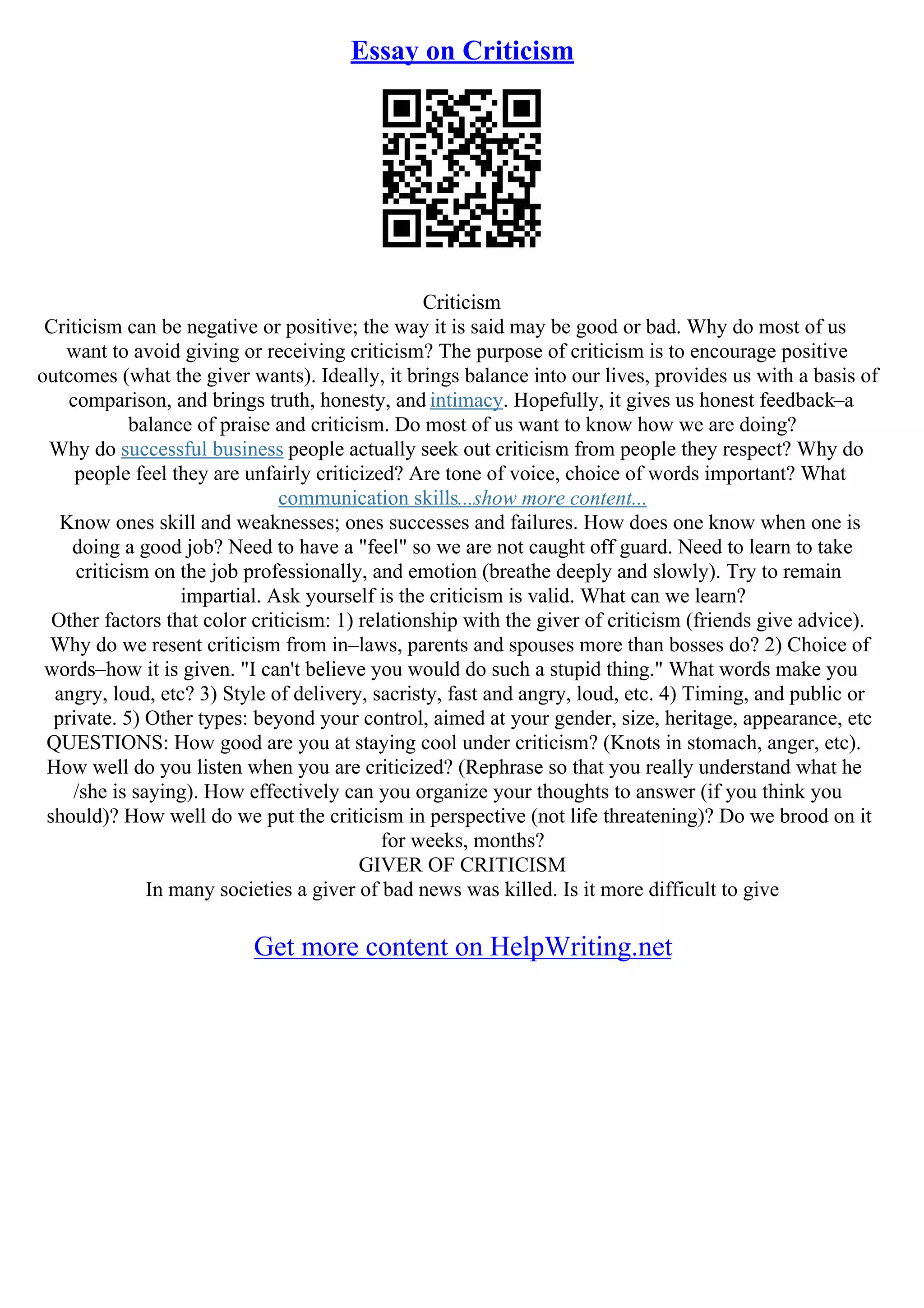 Example Of Critical Essay Writing | PDF