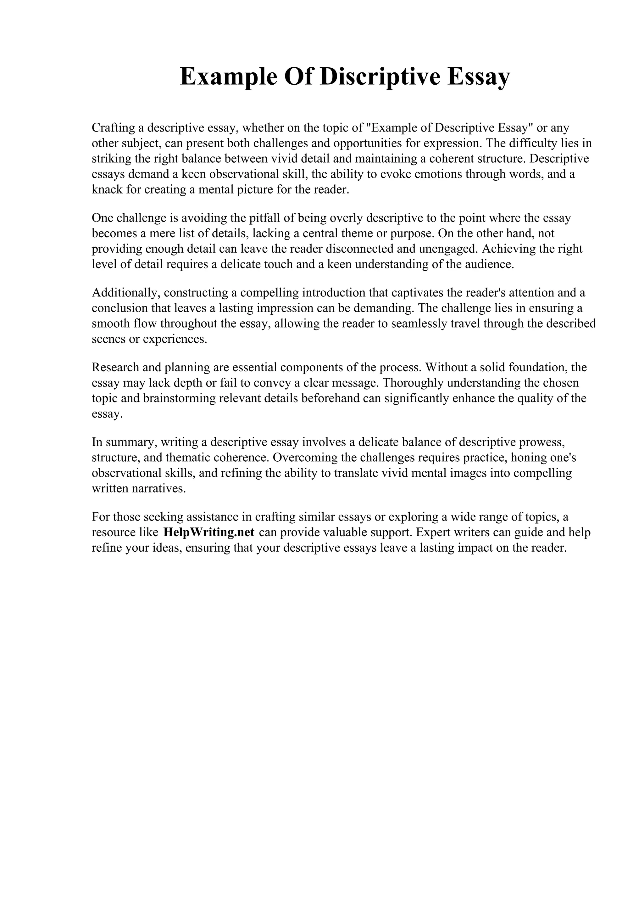 Example Of Discriptive Essay. Hill College | PDF