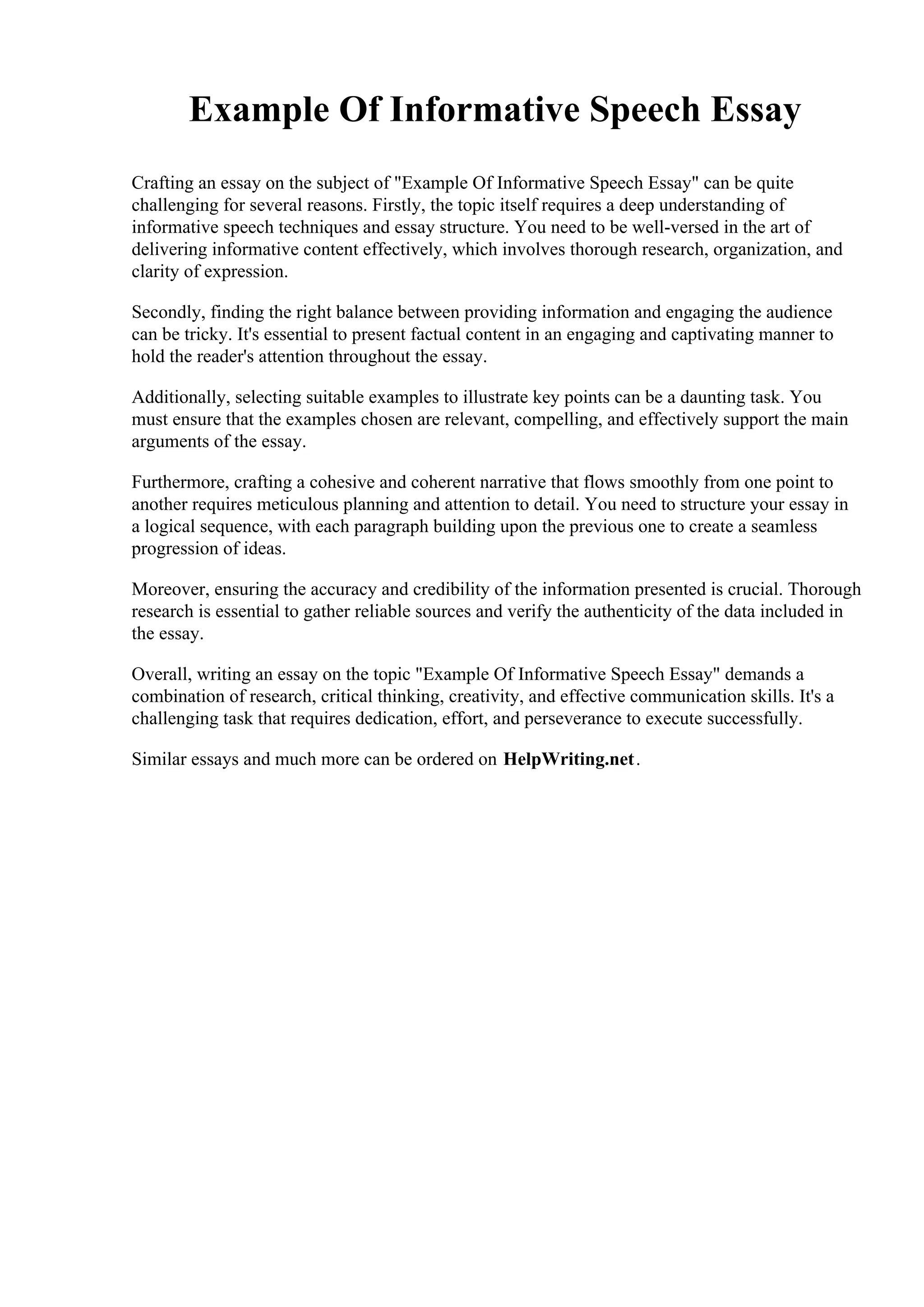 Example Of Informative Speech Essay. Chadron State College | PDF