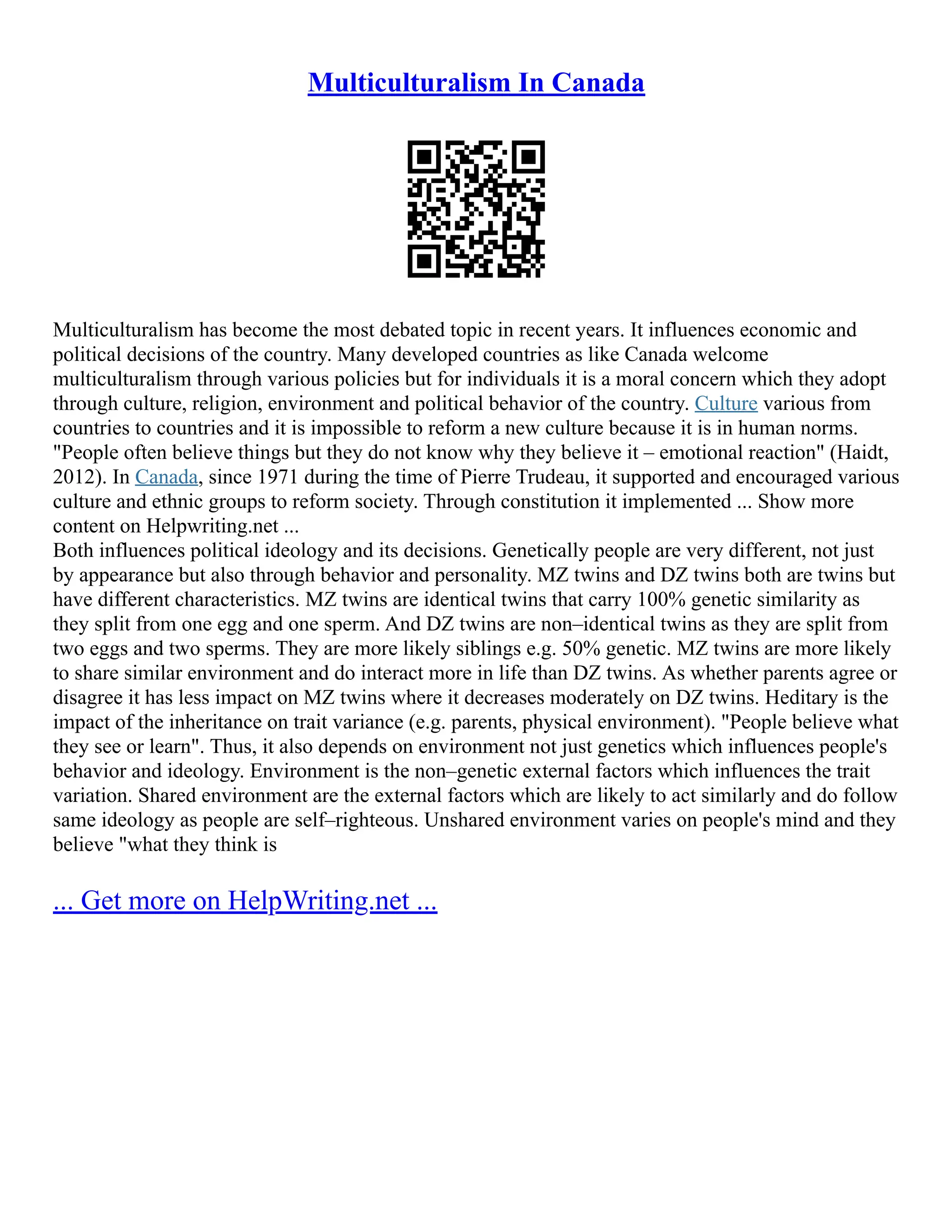 Example Of Multiculturalism In Canada | PDF