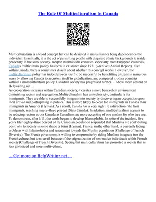Example Of Multiculturalism In Canada | PDF