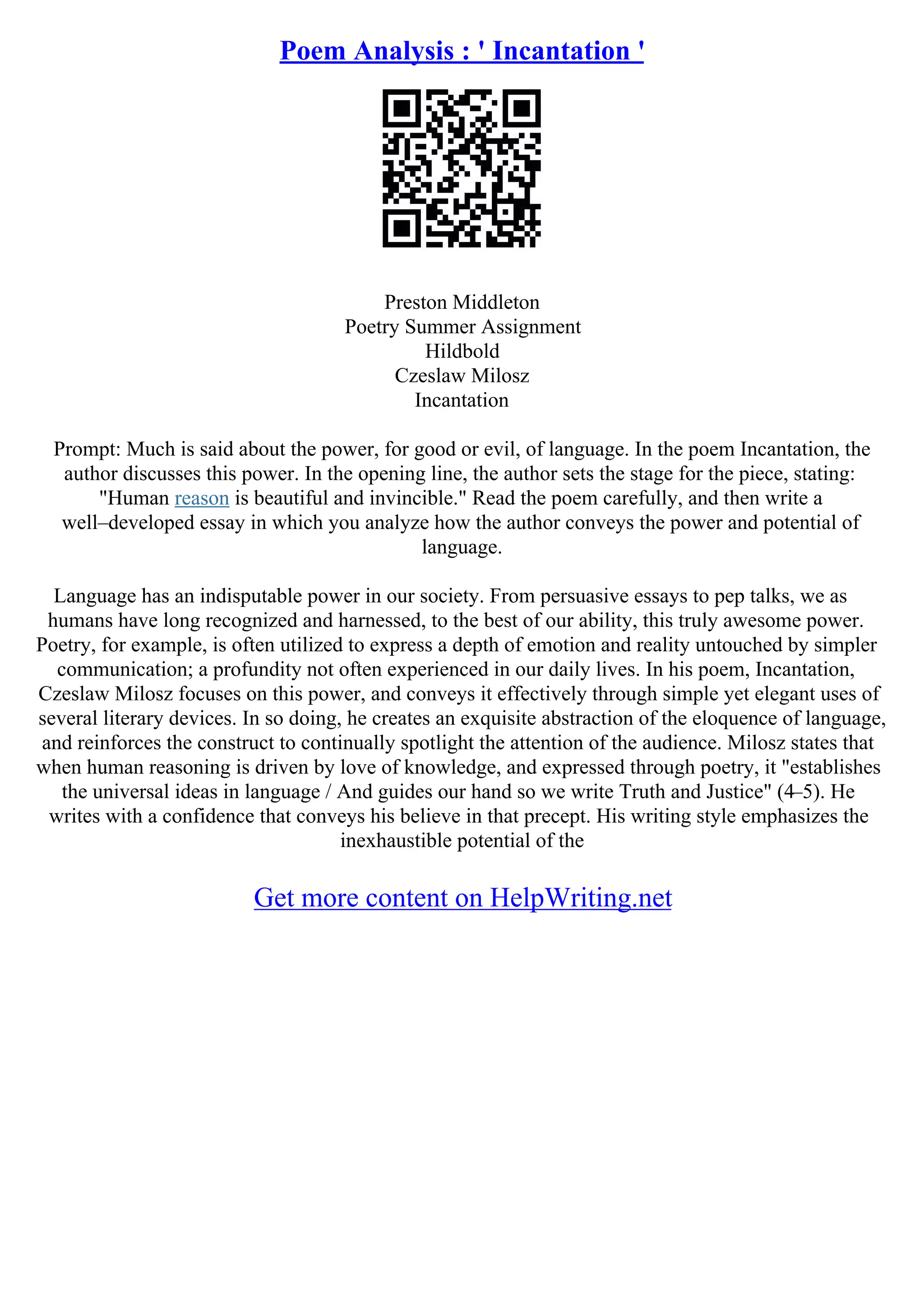 Example Of Poem Analysis Essay | PDF