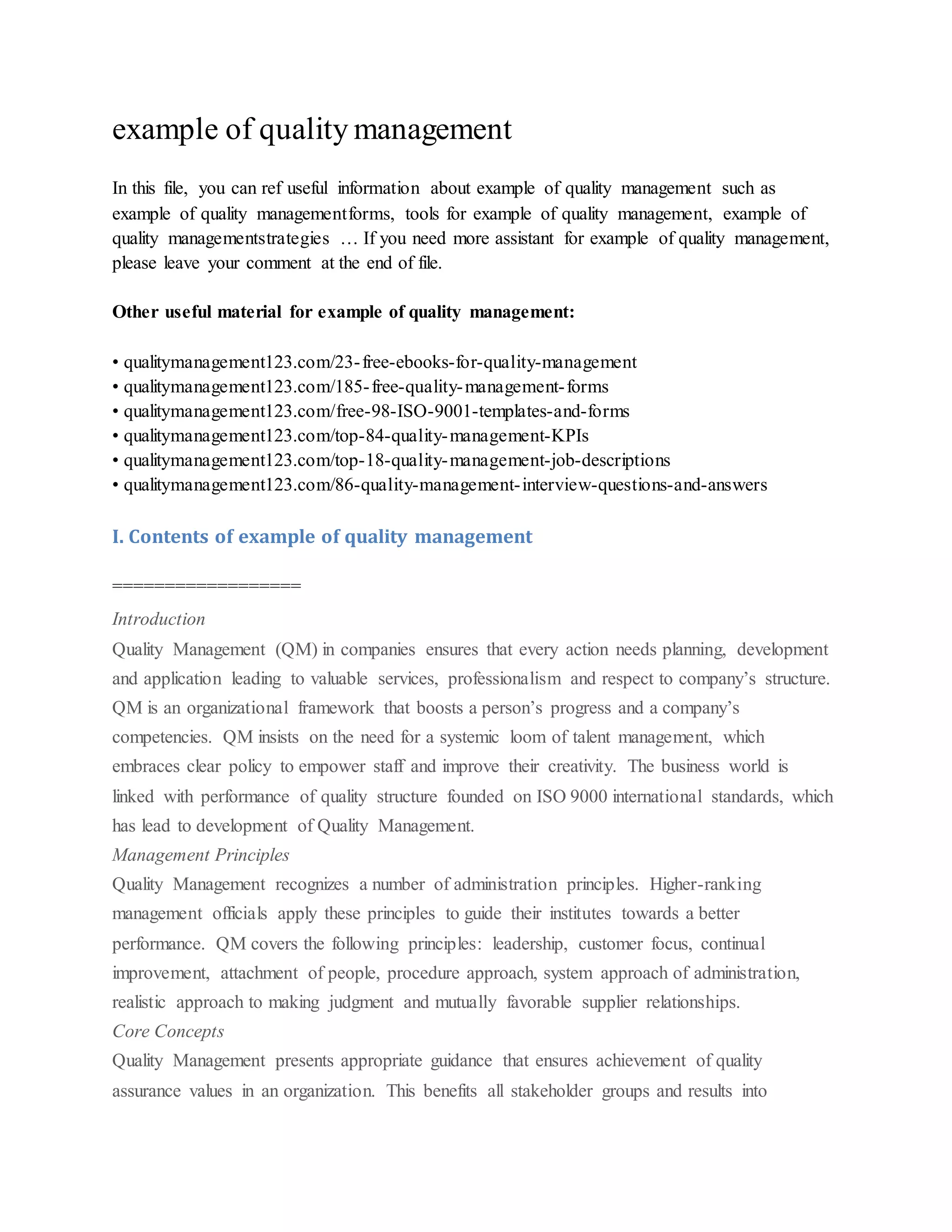 Example of quality management | PDF