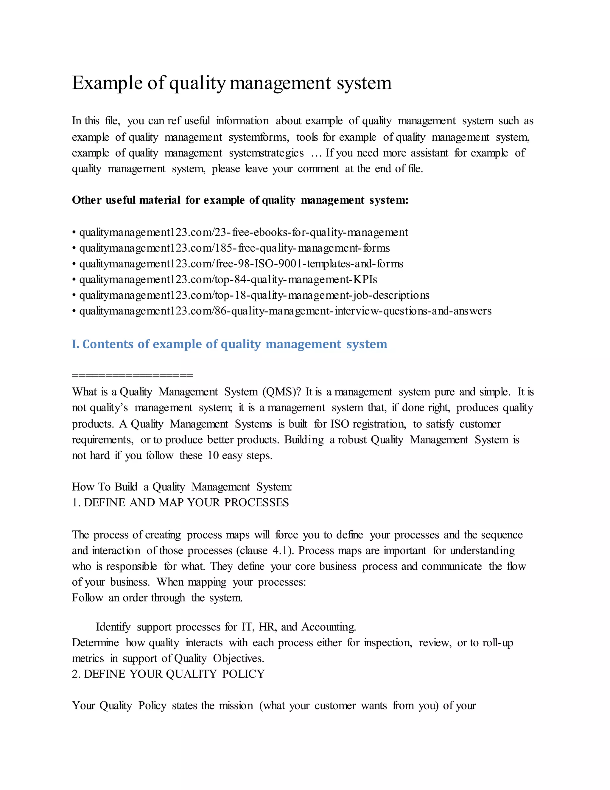 Example of quality management system | DOCX