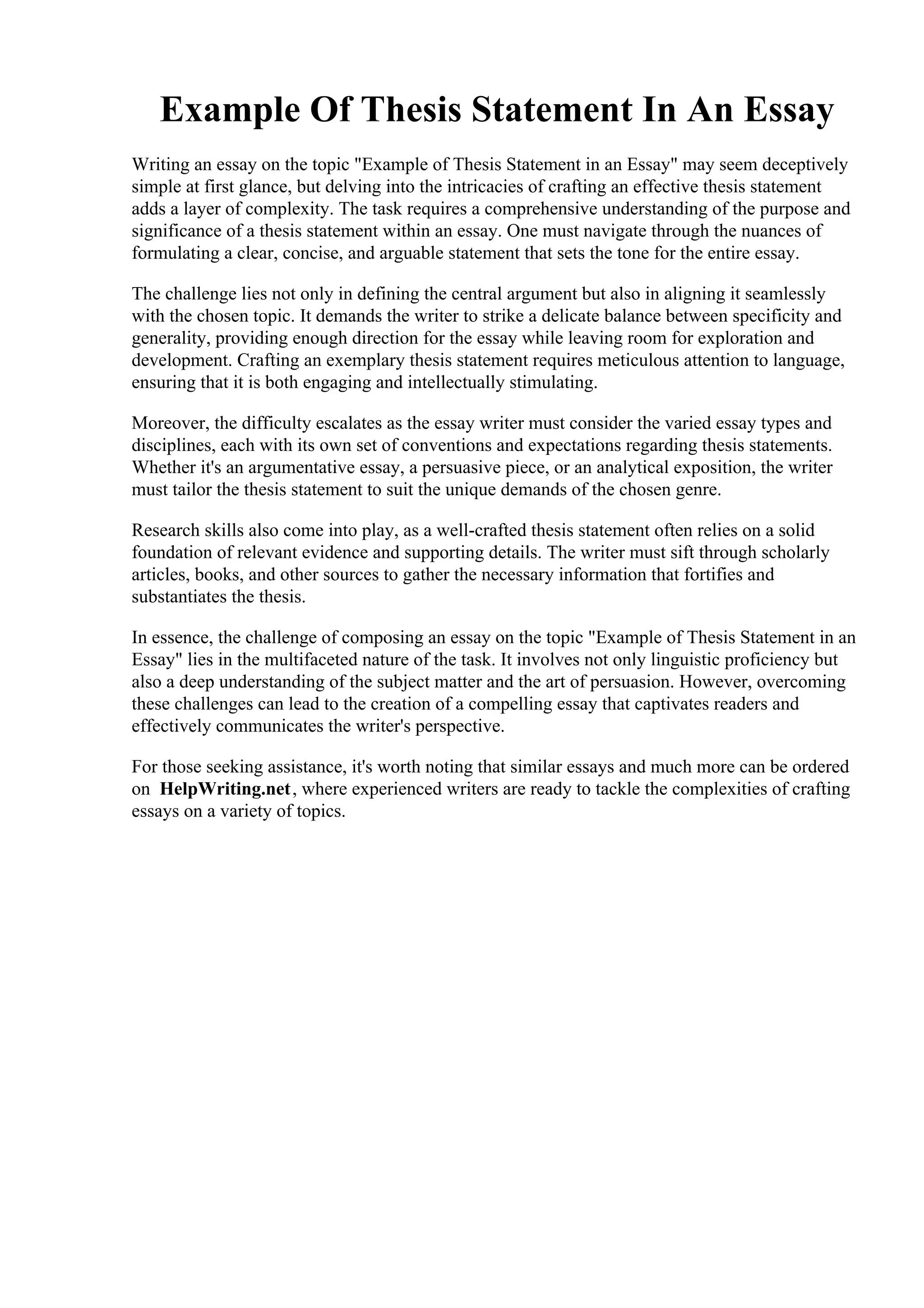 Example Of Thesis Statement In An Essay | PDF