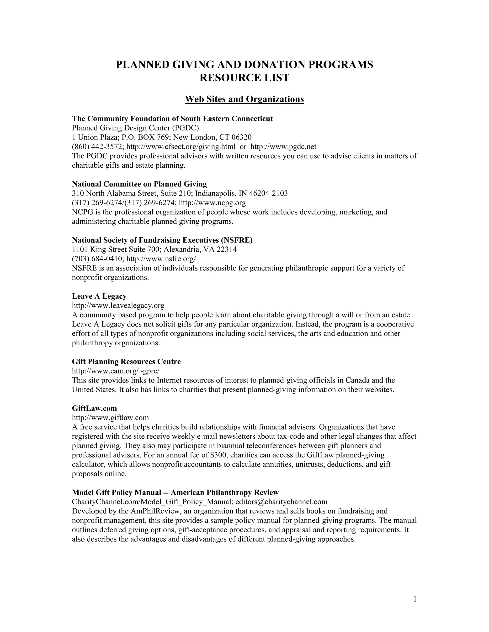 Example planned giving and donation programs resource list | PDF