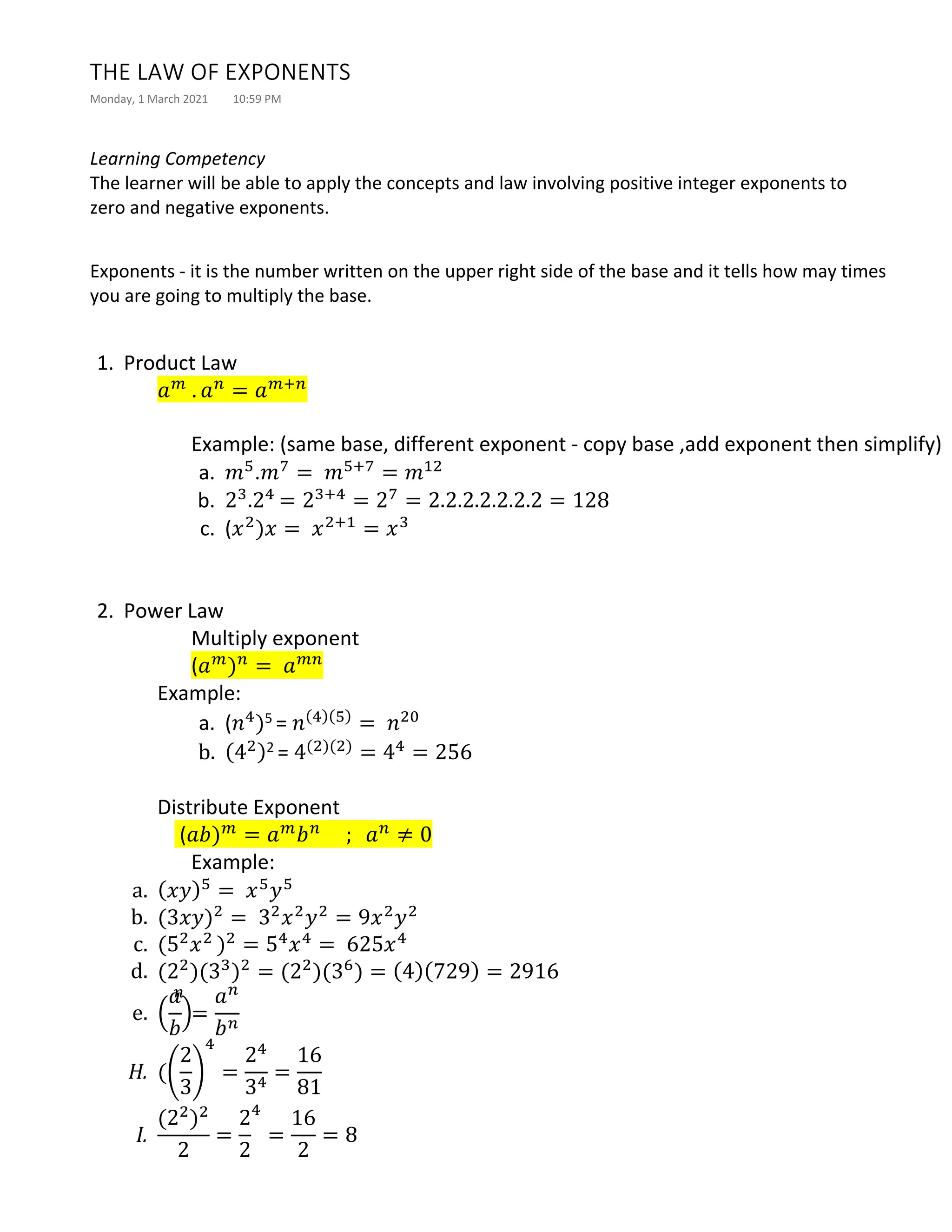 Laws of exponent | PDF