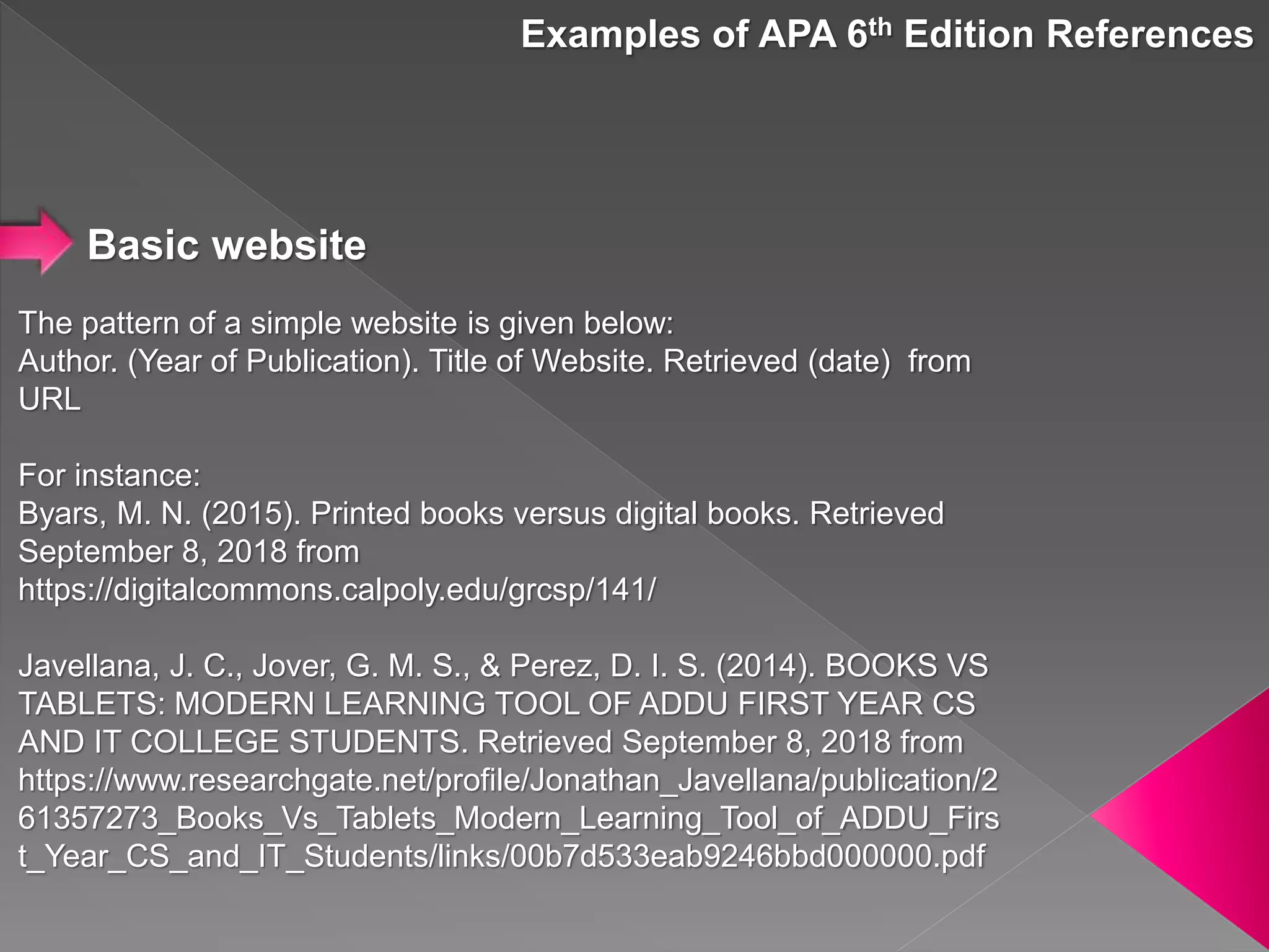 Examples of APA 6th Edition References | PPTX