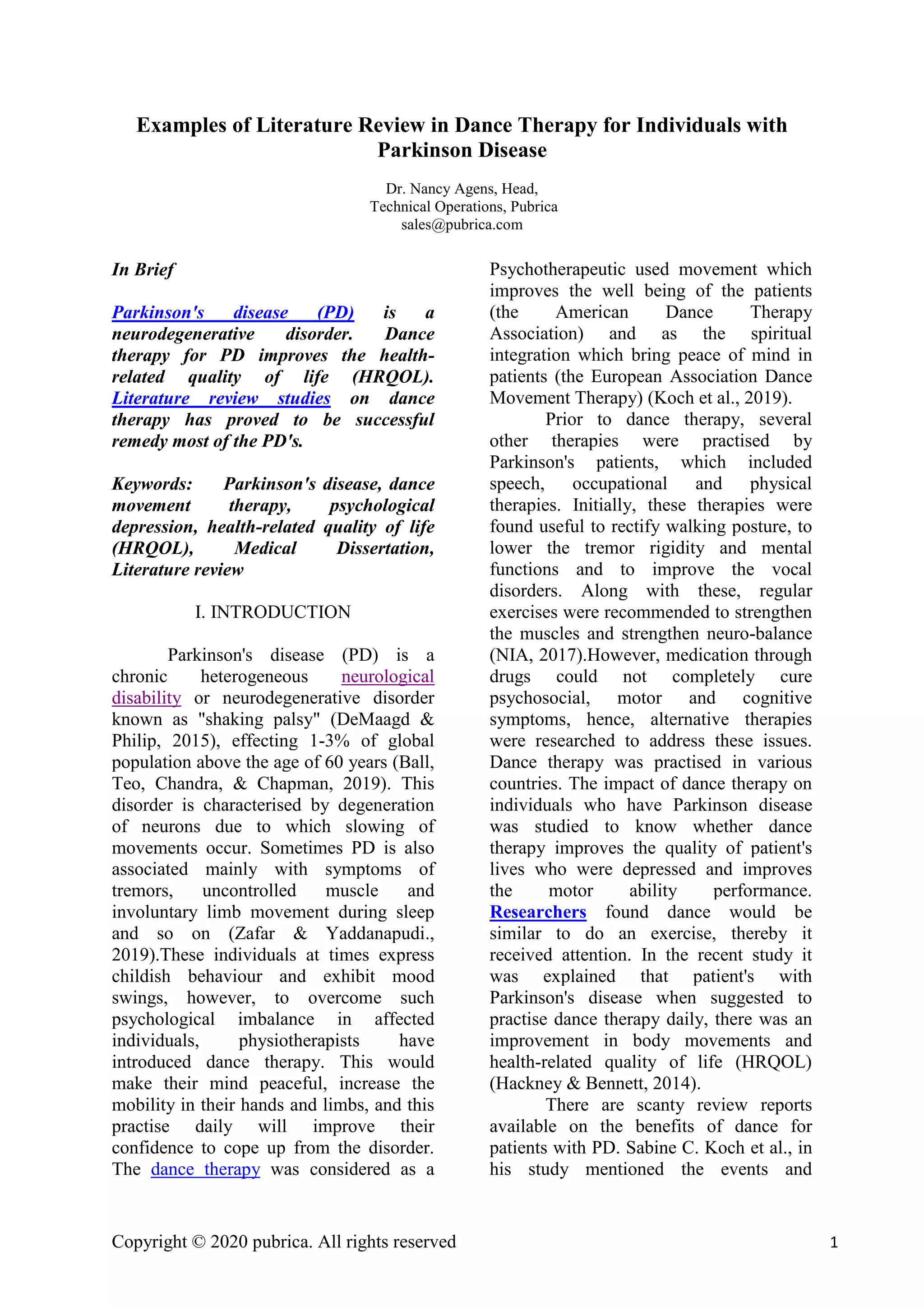 Examples Of Literature Review In Dance Therapy For Individuals With ...