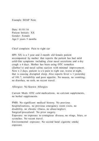 Example SOAP NoteDate 010116Patient Initials XXGende | DOCX | Ear, Nose ...