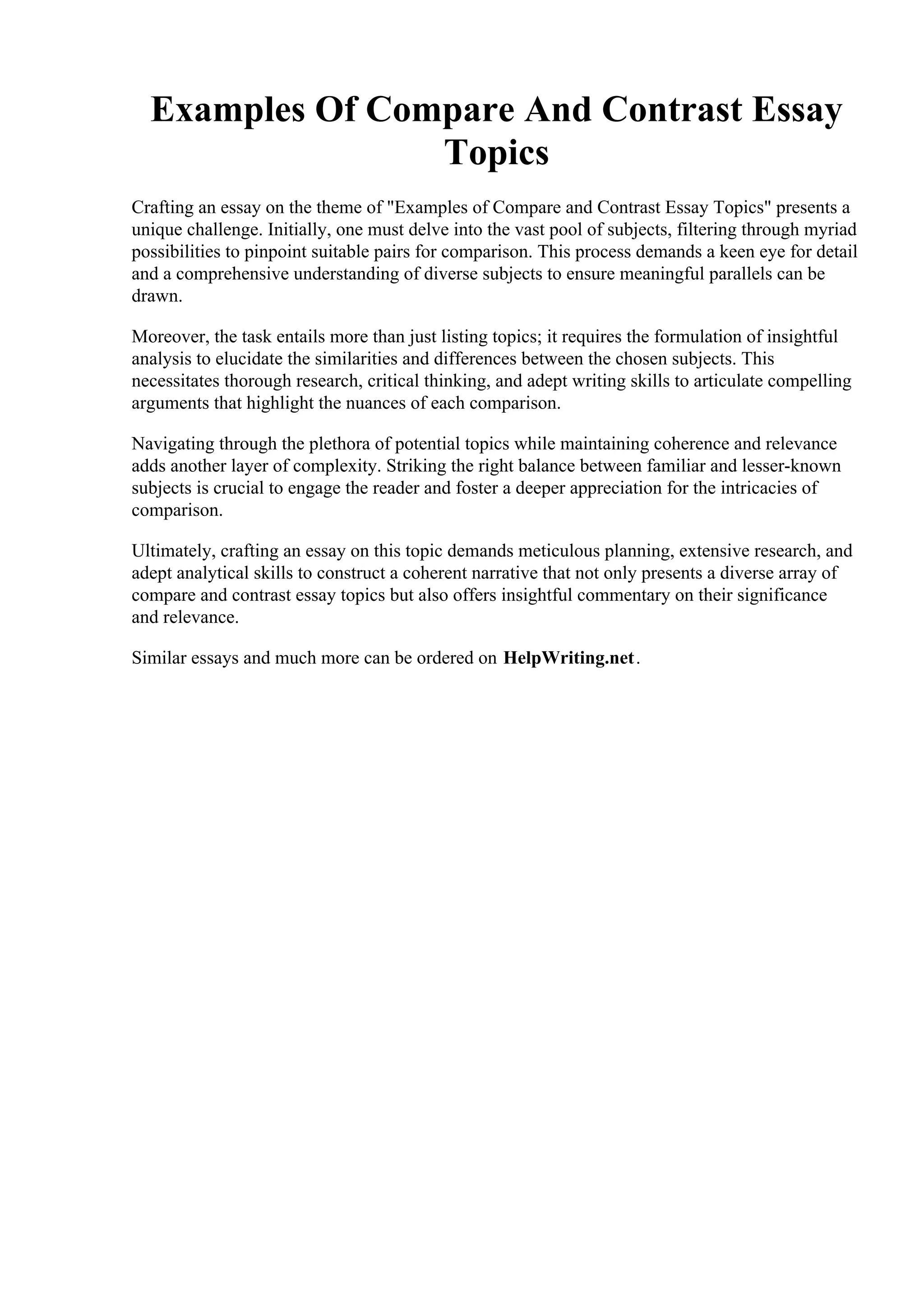 Examples Of Compare And Contrast Essay Topics | PDF | Civic affairs ...