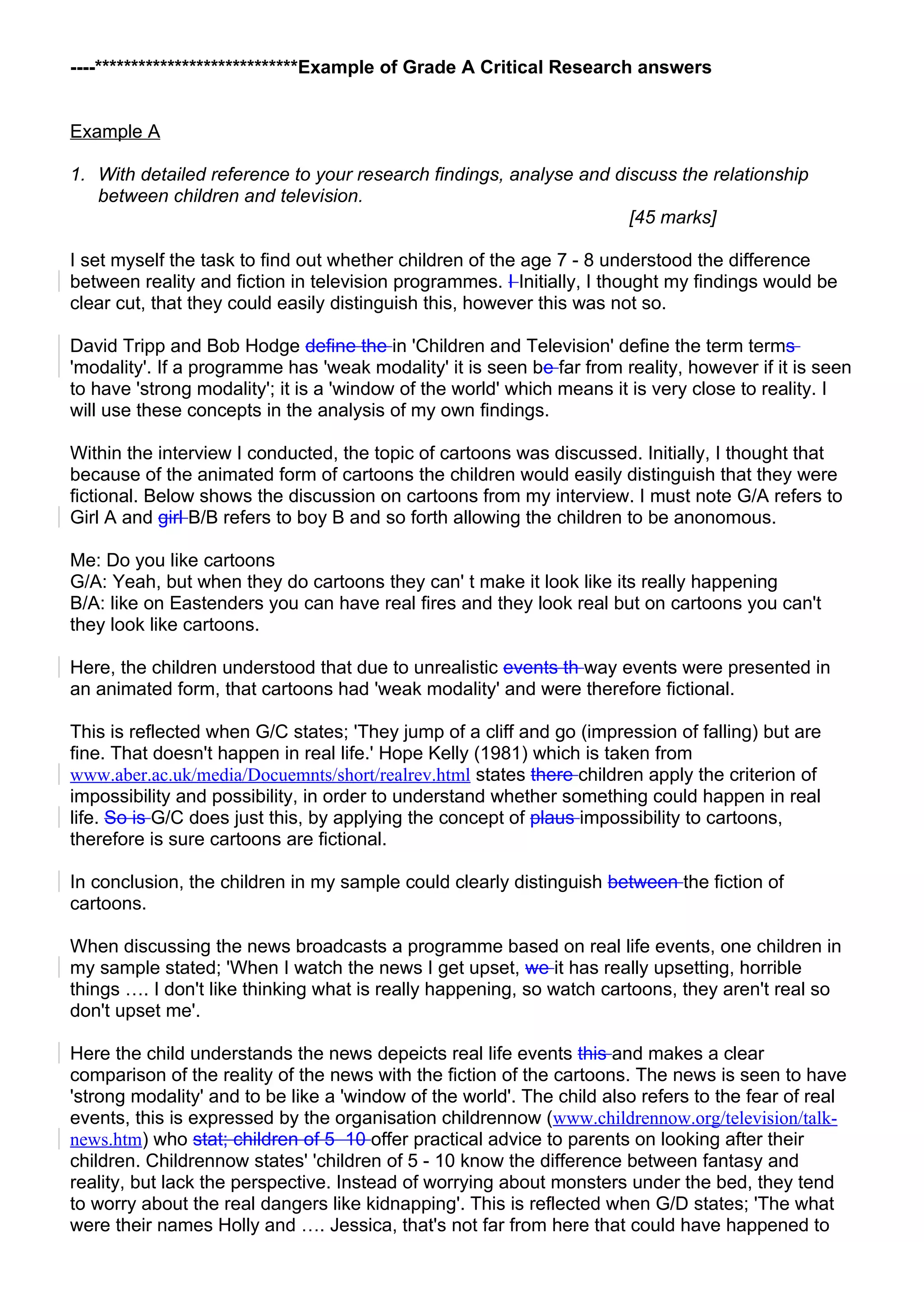 Examples Of Grade A Critical Research Q2 Answers | DOC