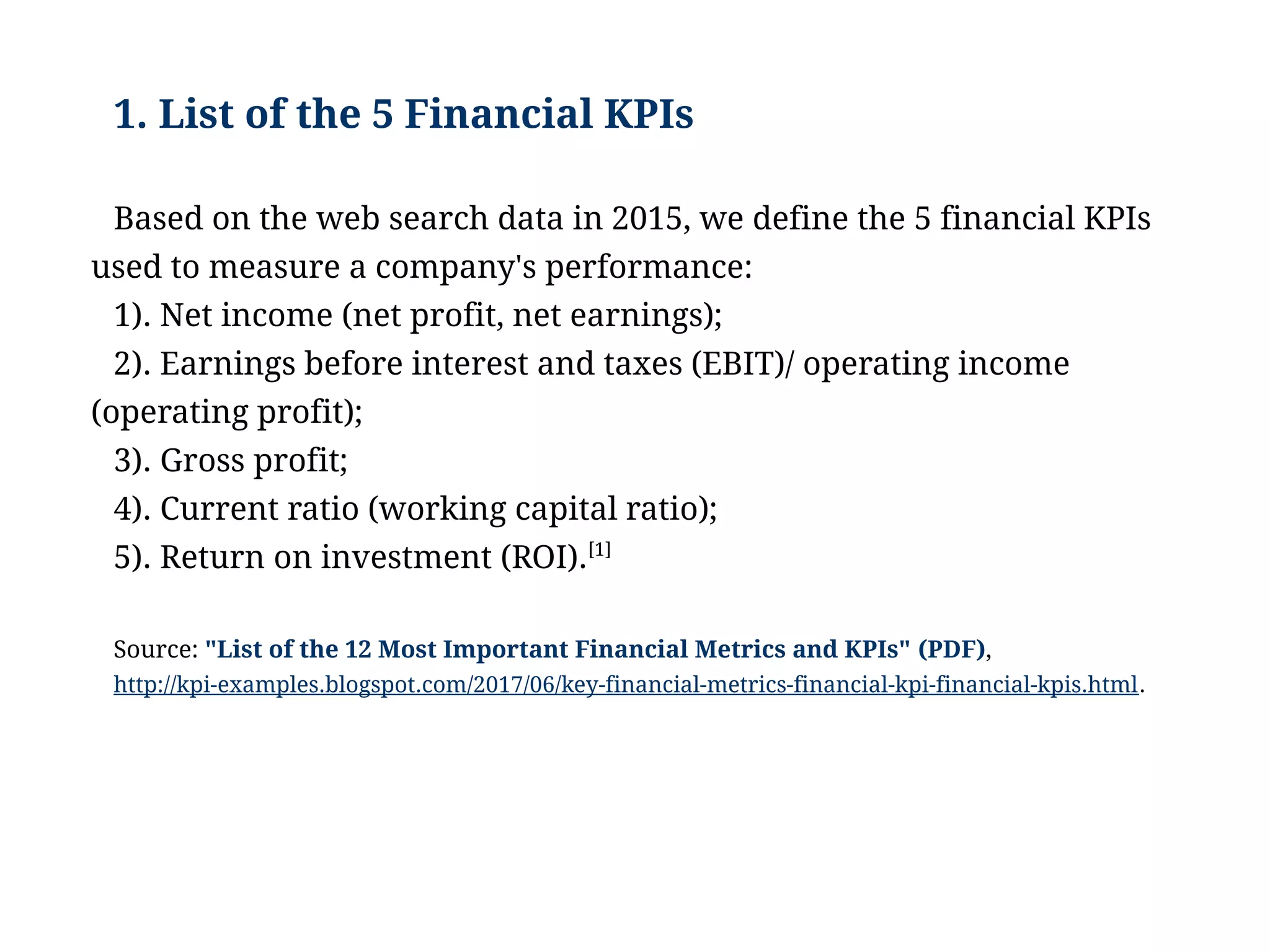 Examples of Key Financial Performance Indicators: Financial KPI ...