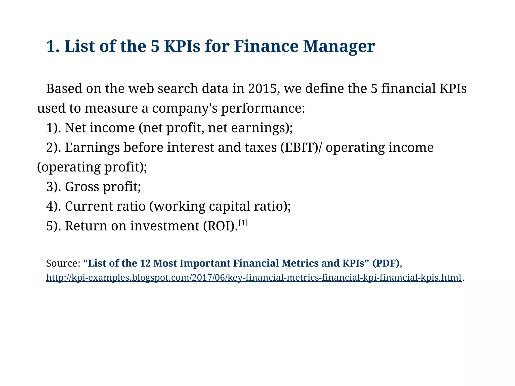 Examples of Key Performance Indicators for Finance Manager: Key ...