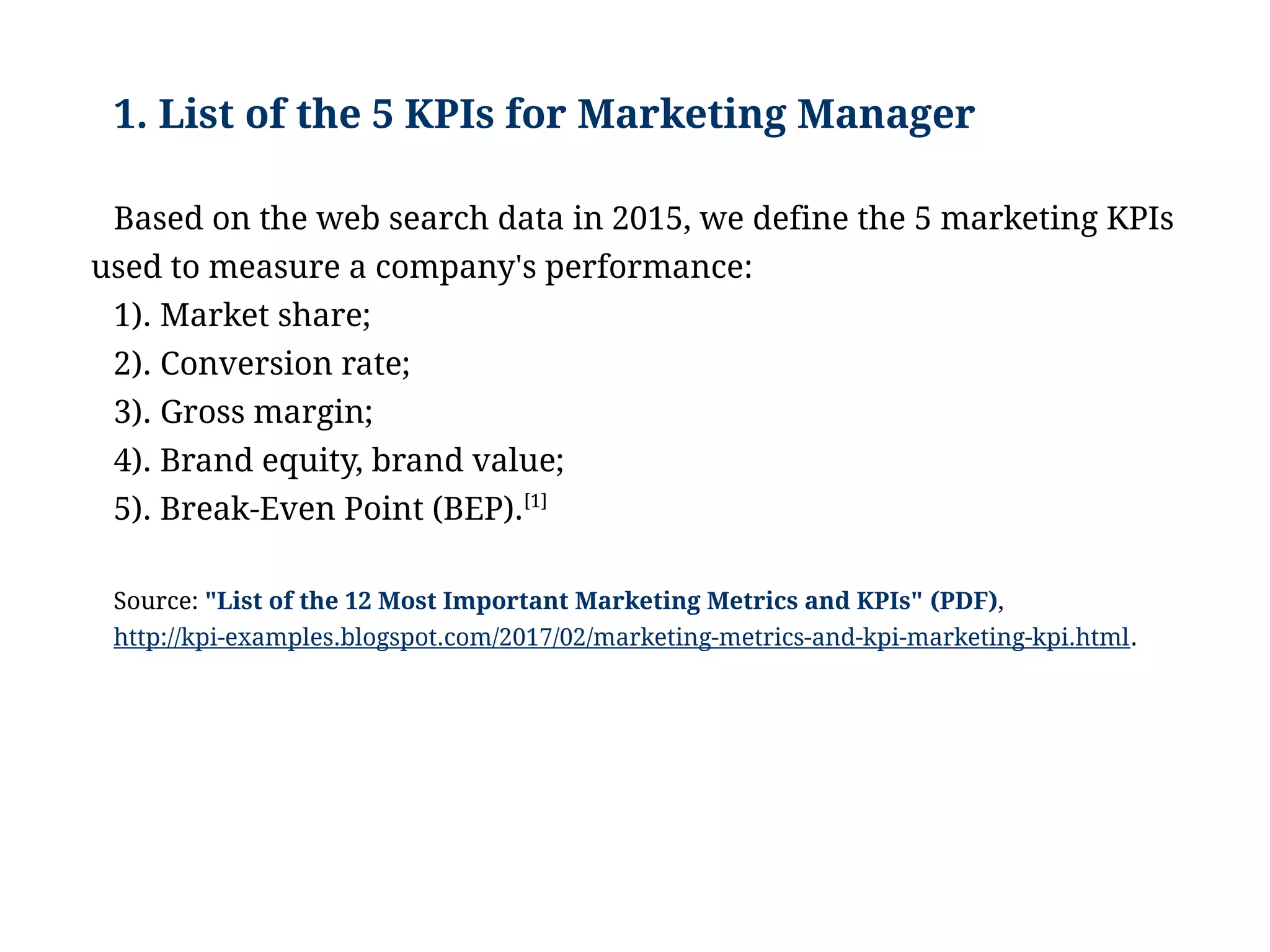 Examples of KPIs for Marketing Manager: Marketing Key Performance ...