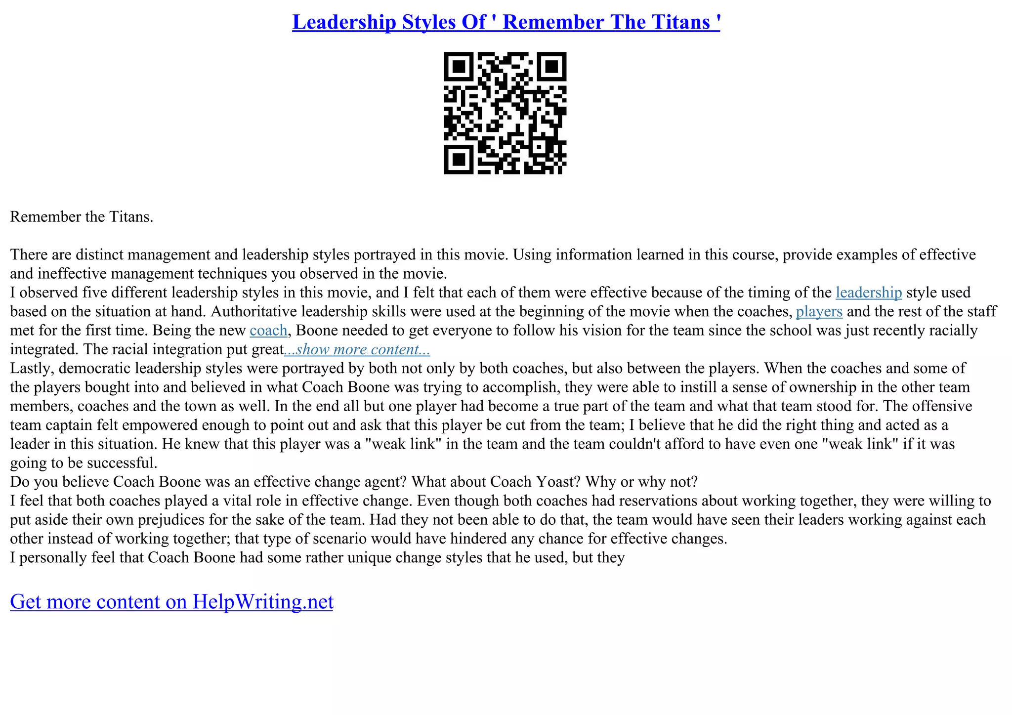 Examples Of Leadership In Remember The Titans | PDF
