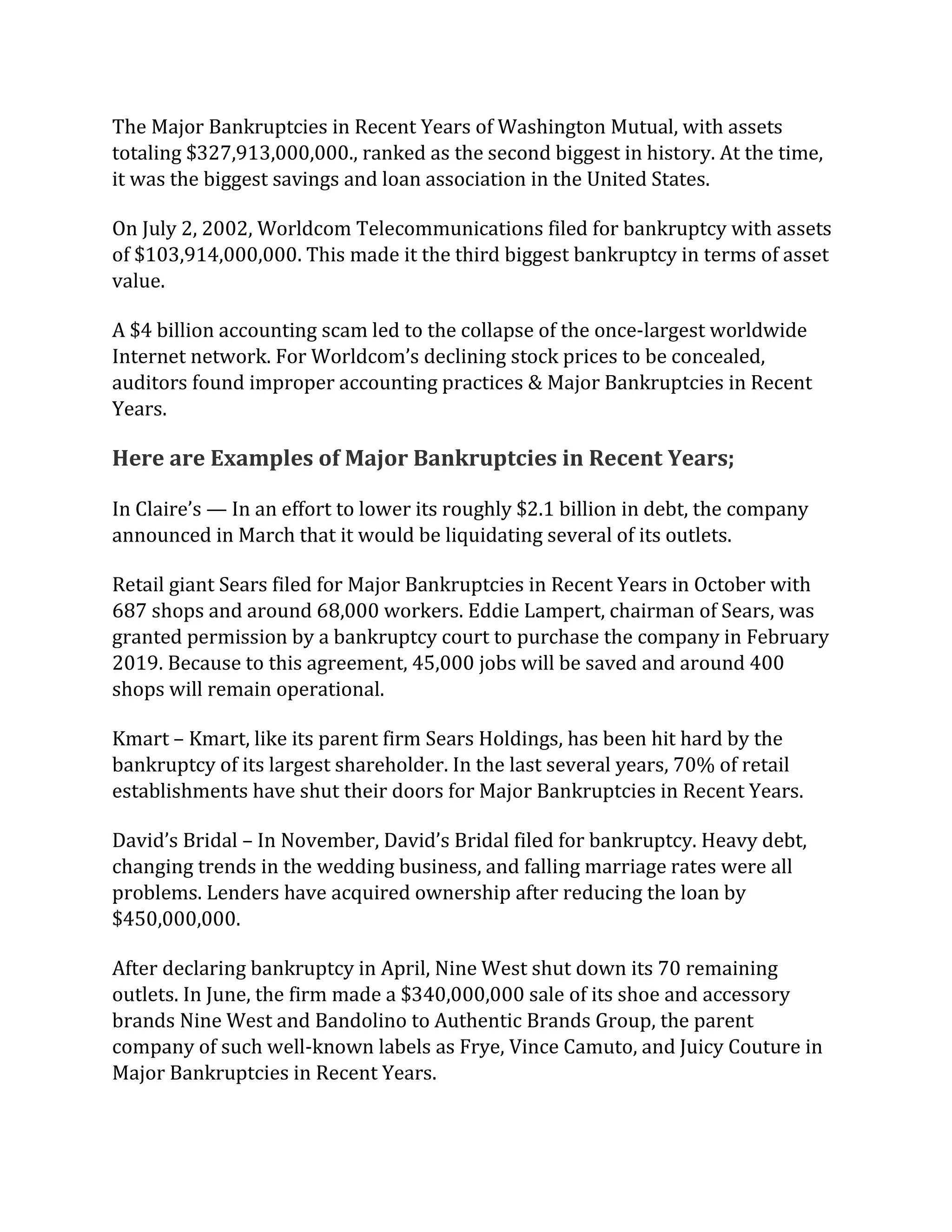 Examples of Major Bankruptcies in Recent Years; 10 Best Points | The ...