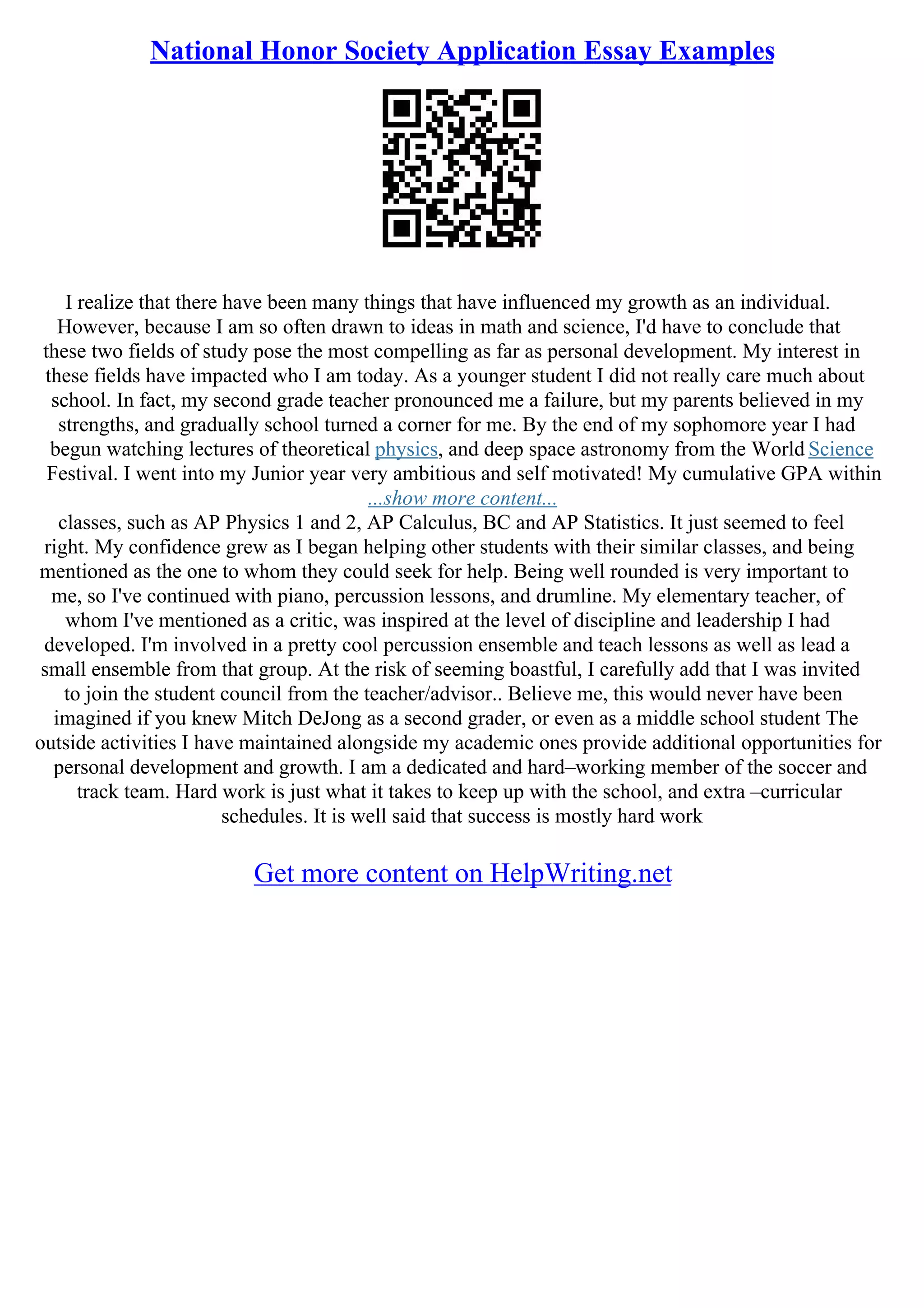 Examples Of National Honor Society Essays | PDF