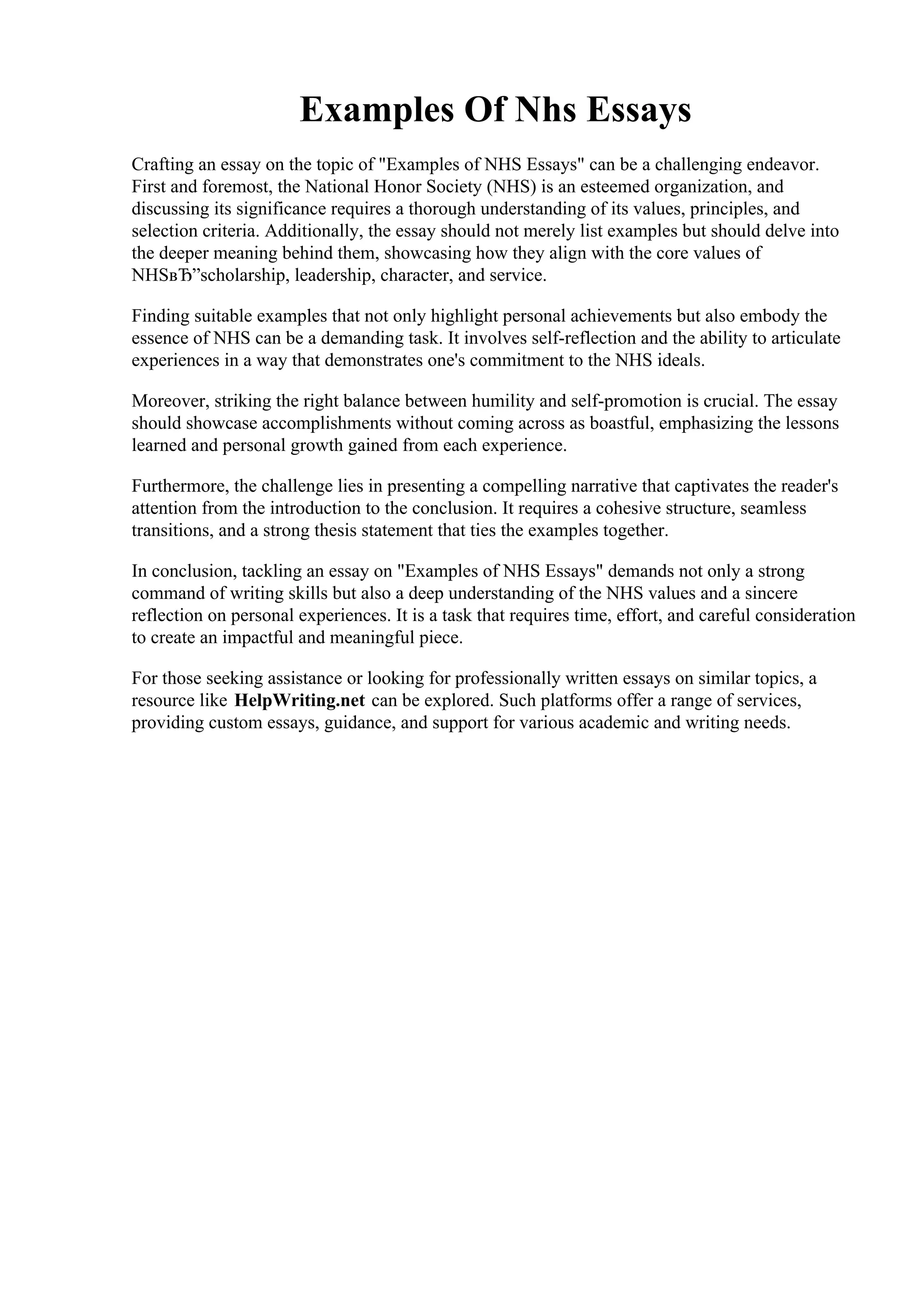 Examples Of Nhs Essays. Surprising Nhs Essay Example Thatsnotus | PDF