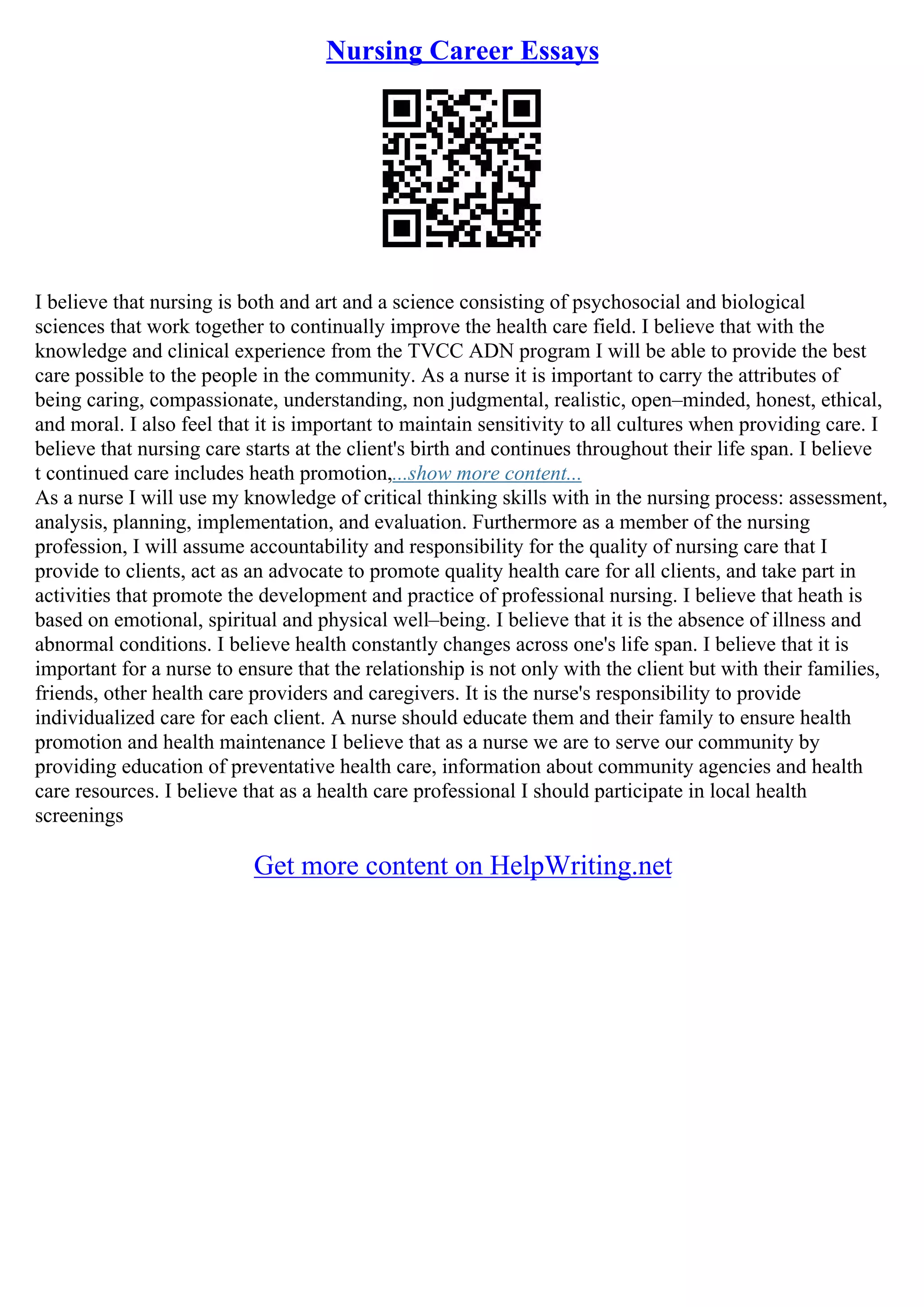 Examples Of Nursing Essays | PDF