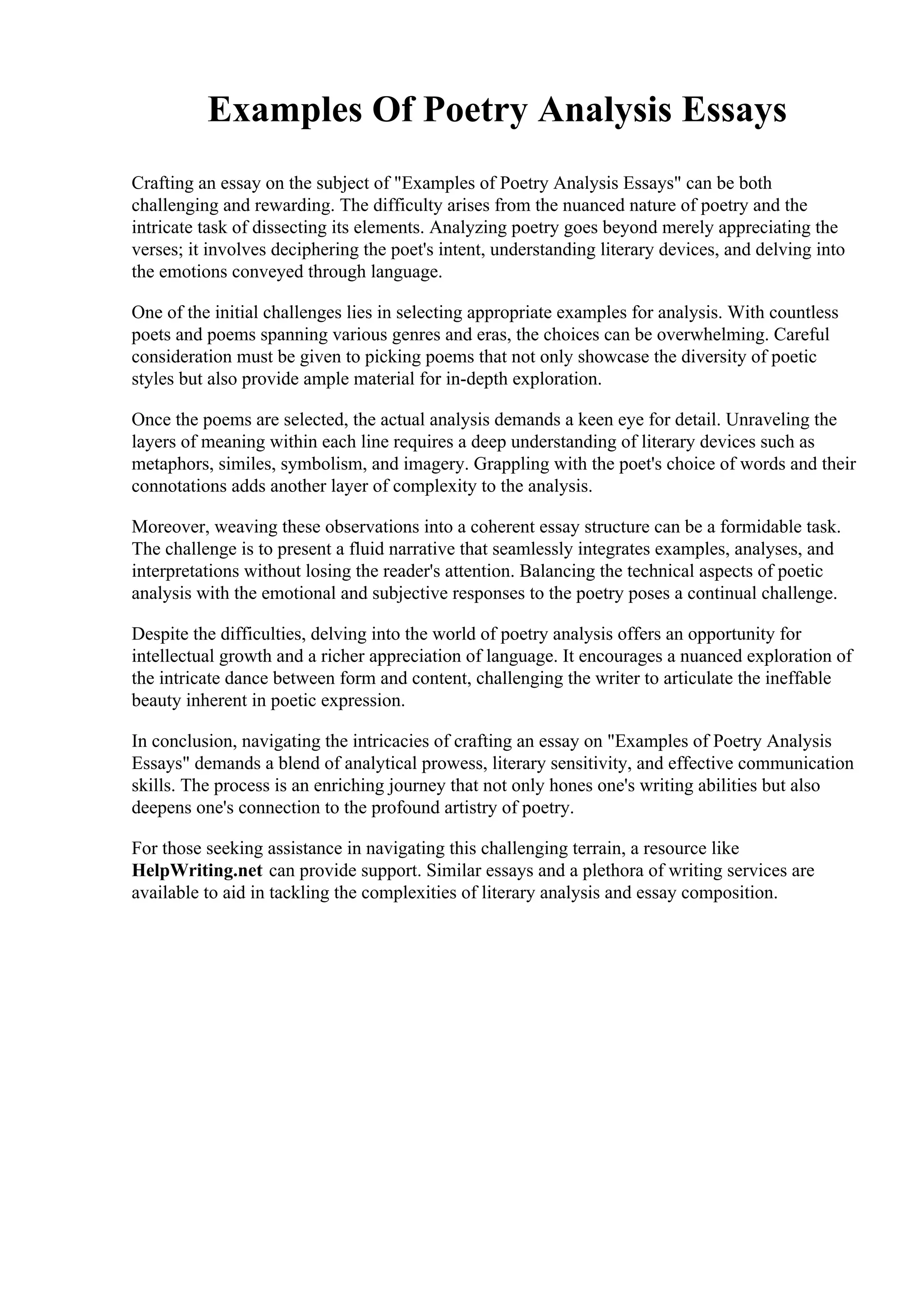 Examples Of Poetry Analysis Essays. University of Houston-Victoria | PDF