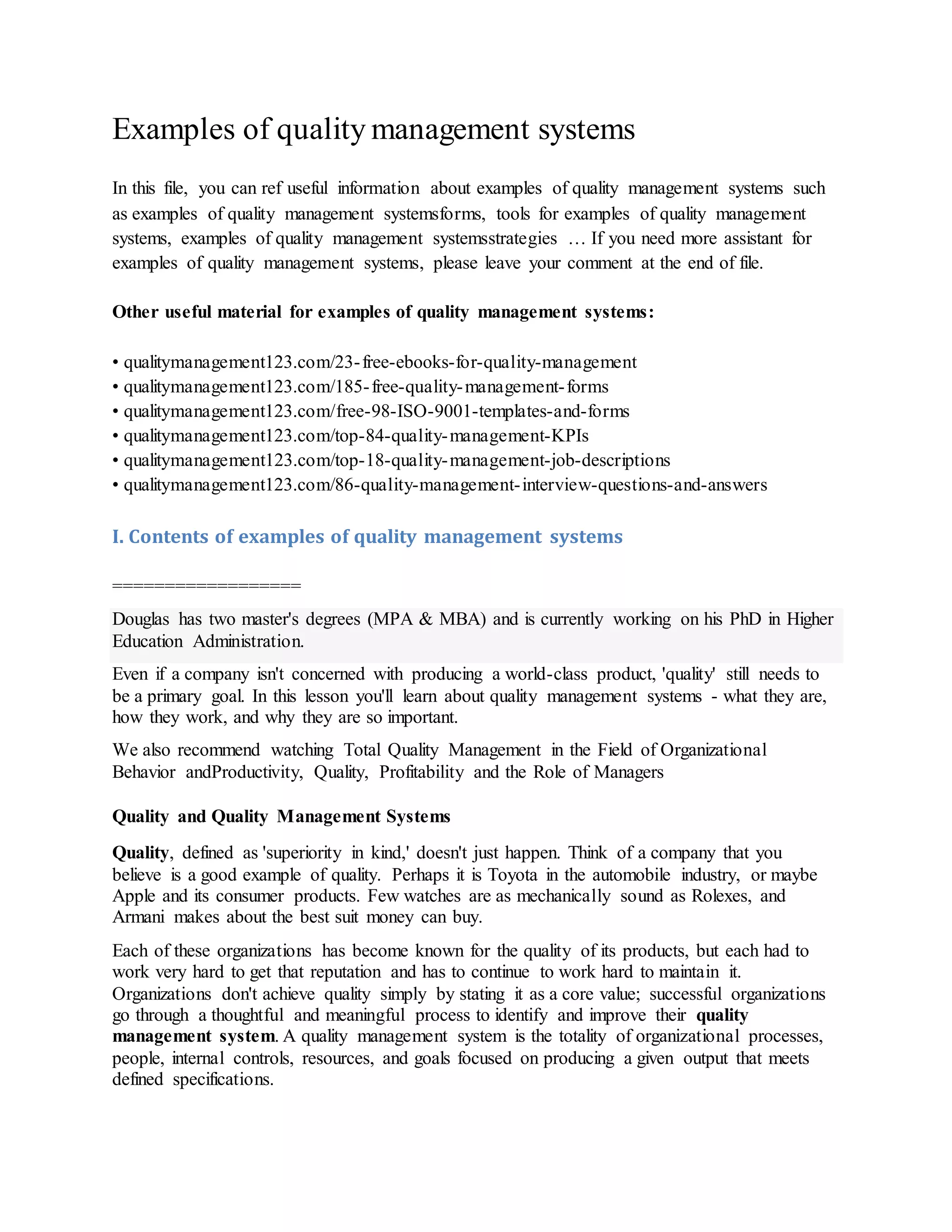 Examples of quality management systems | PDF