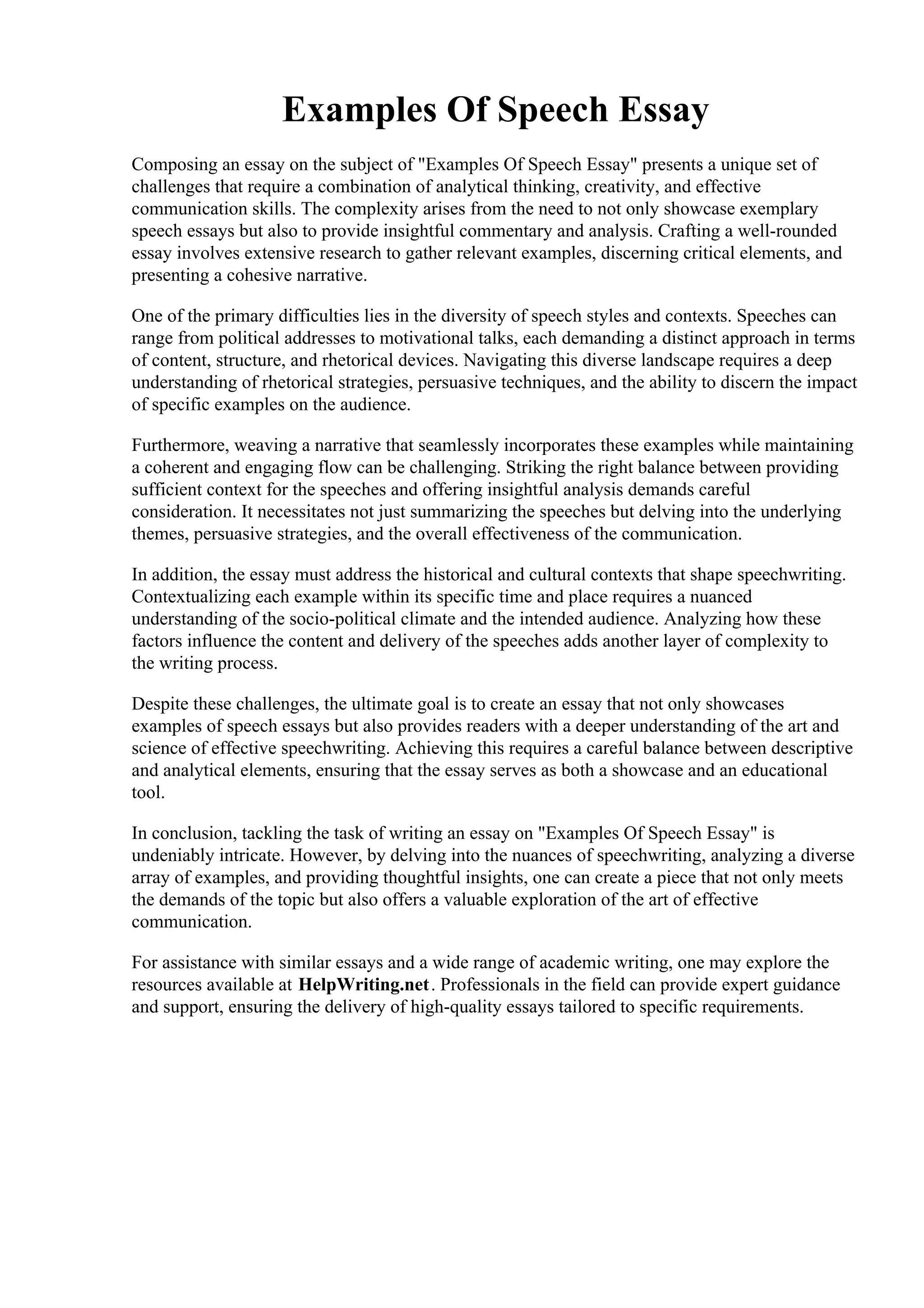 Examples Of Speech Essay. Example of Speech Essay - LewisabbCasey | PDF