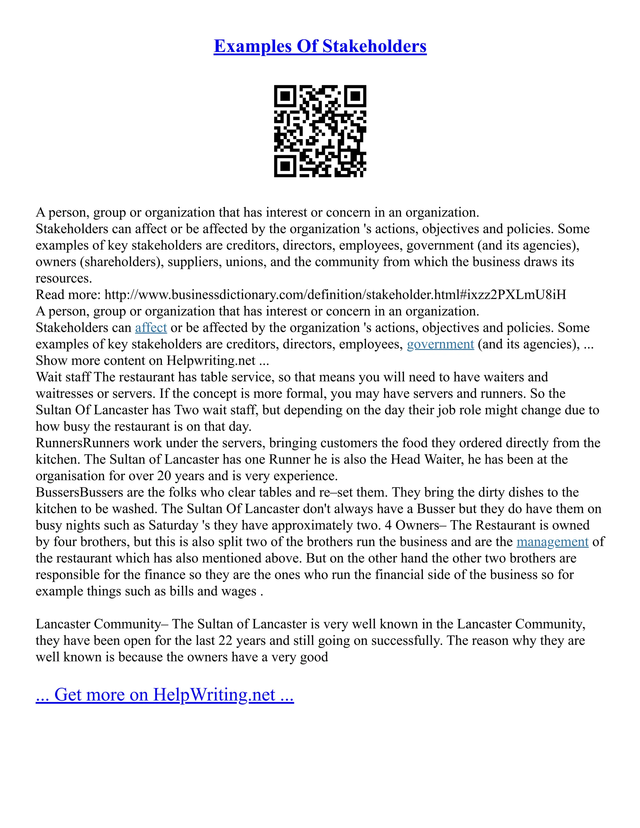 Examples Of Stakeholders | PDF | Business | Business and Finance