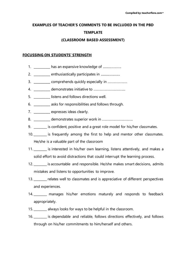 Examples of teacher’s comments to be included in the pbd template | PDF