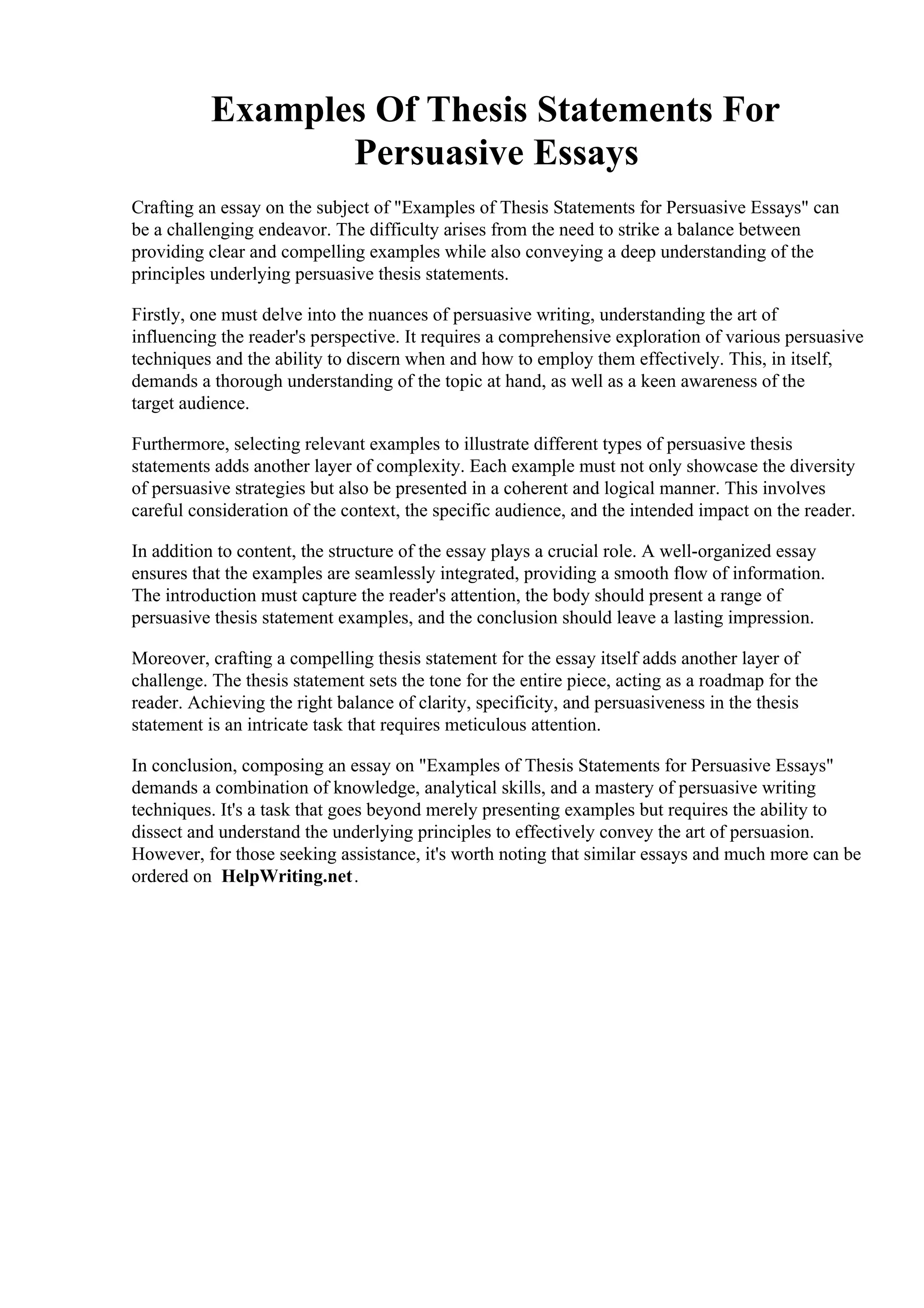 Examples Of Thesis Statements For Persuasive Essays | PDF