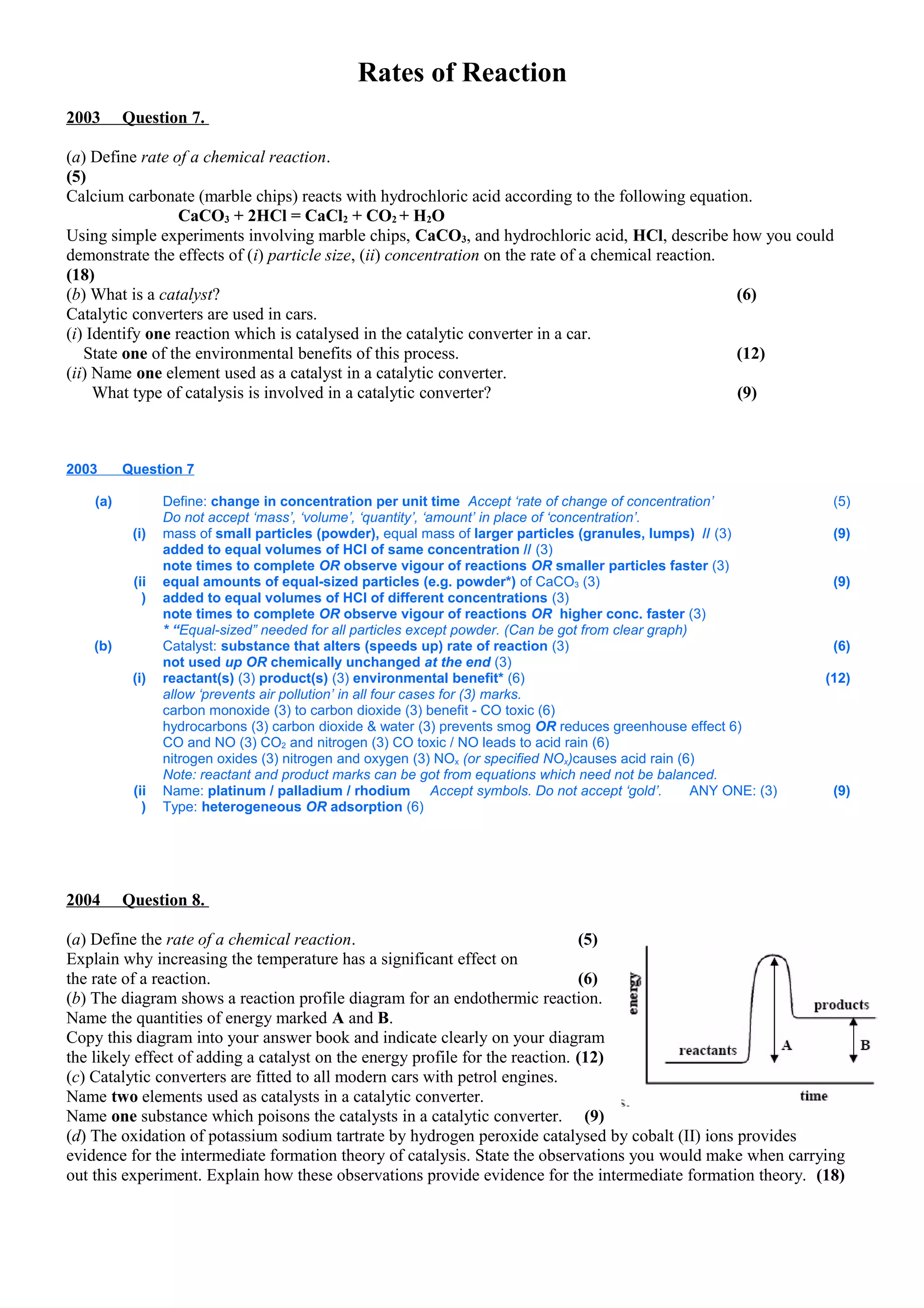 Exam q and solutions rate of reaction | DOC