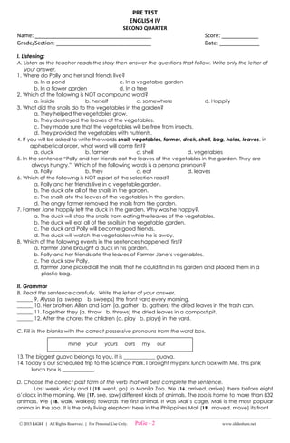 K TO 12 GRADE 4 DIAGNOSTIC / PRE TEST SECOND QUARTER | PDF