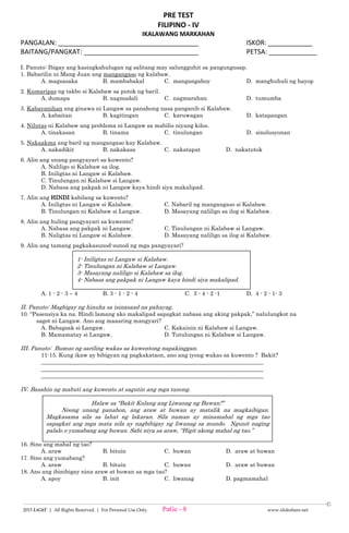 K TO 12 GRADE 4 DIAGNOSTIC / PRE TEST SECOND QUARTER | PDF