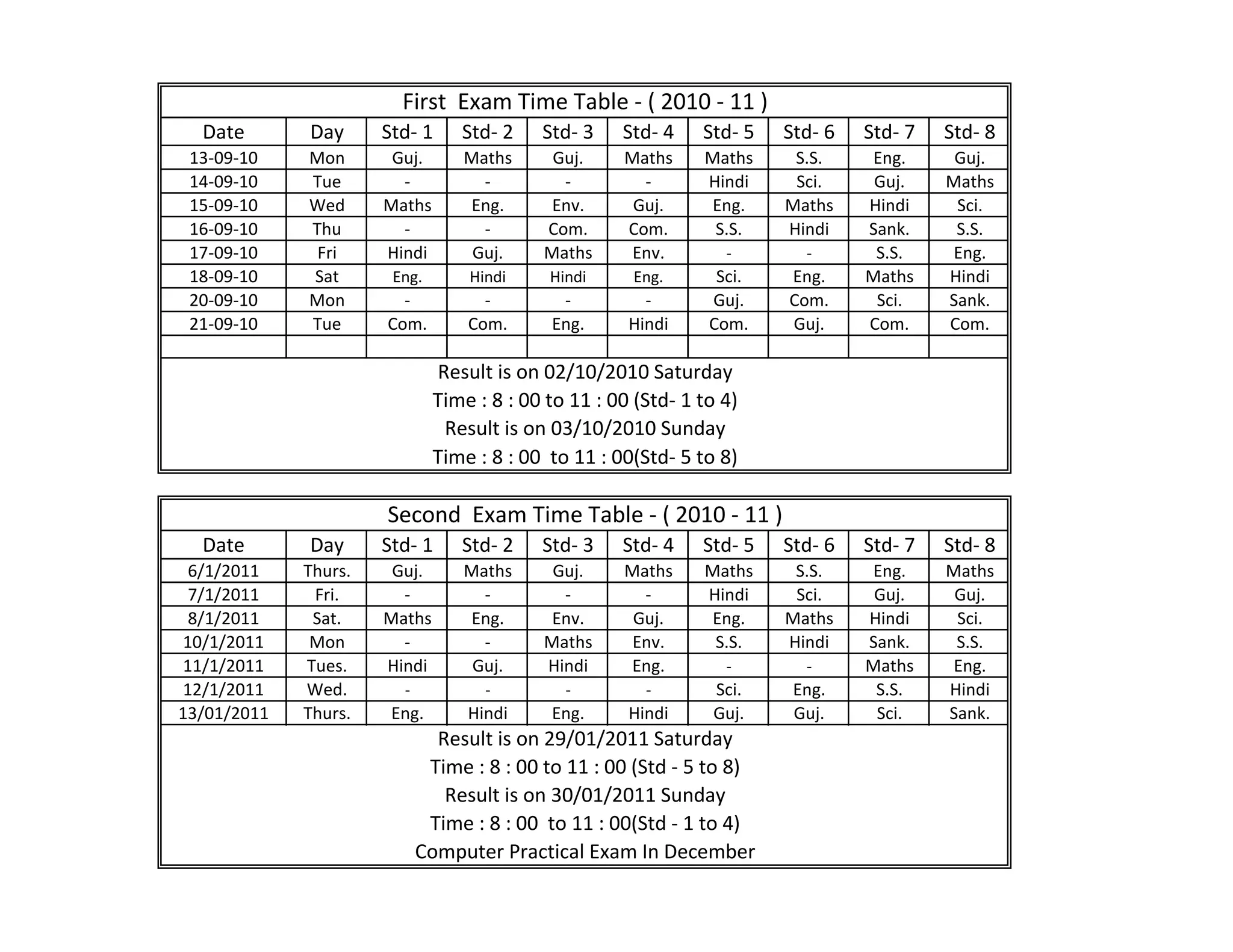 Exam time table of 2010- 11 | XLSX