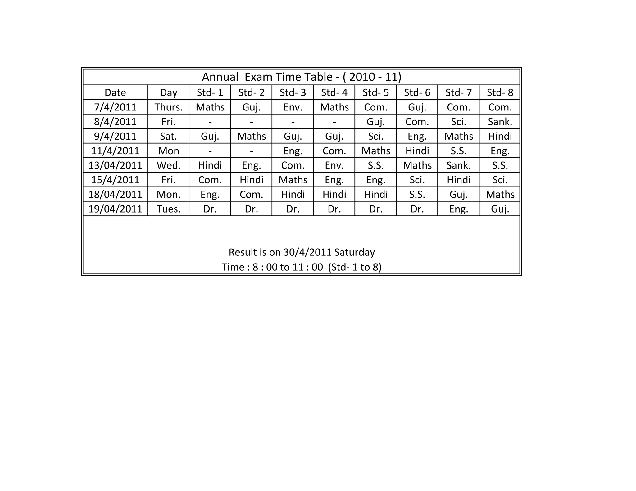 Exam time table of 2010- 11 | XLSX