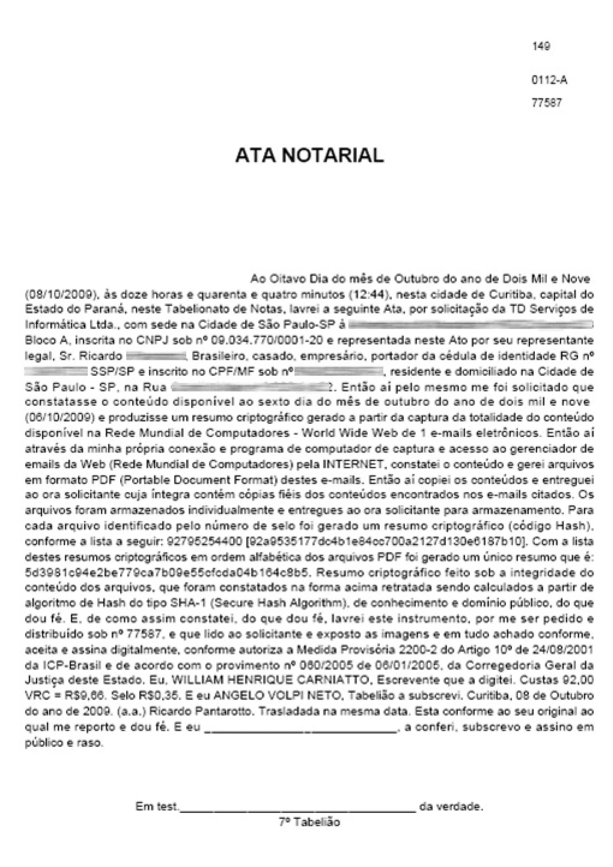 Exemplo de Ata Notarial sobre E-mail Notarizado | PDF