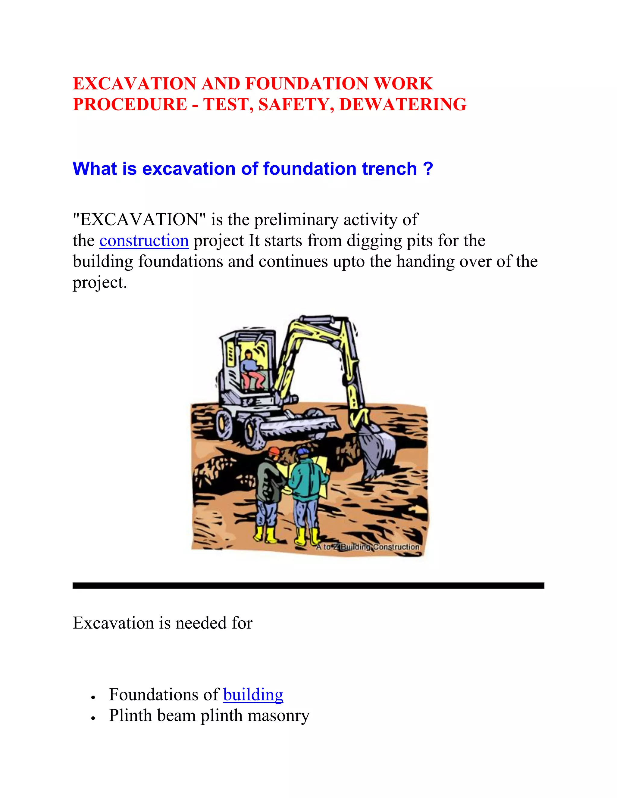 Excavation and foundation work procedure - test, safety, dewatering | PDF