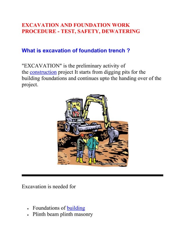 Excavation and foundation work procedure - test, safety, dewatering | PDF