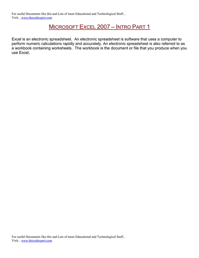 Excel 2007 Intro Part 1 Guide | PDF