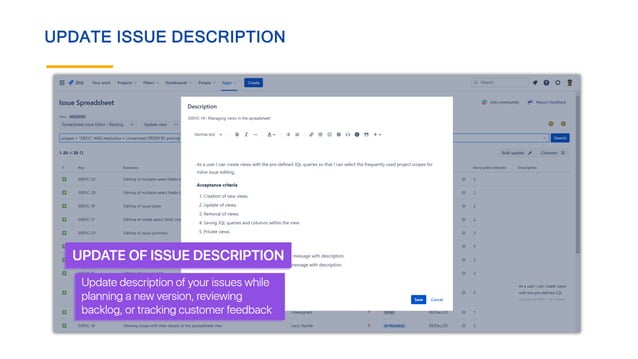 Excel like issue editing in Jira Cloud with Spreadsheet Issue Field Editor | PPT