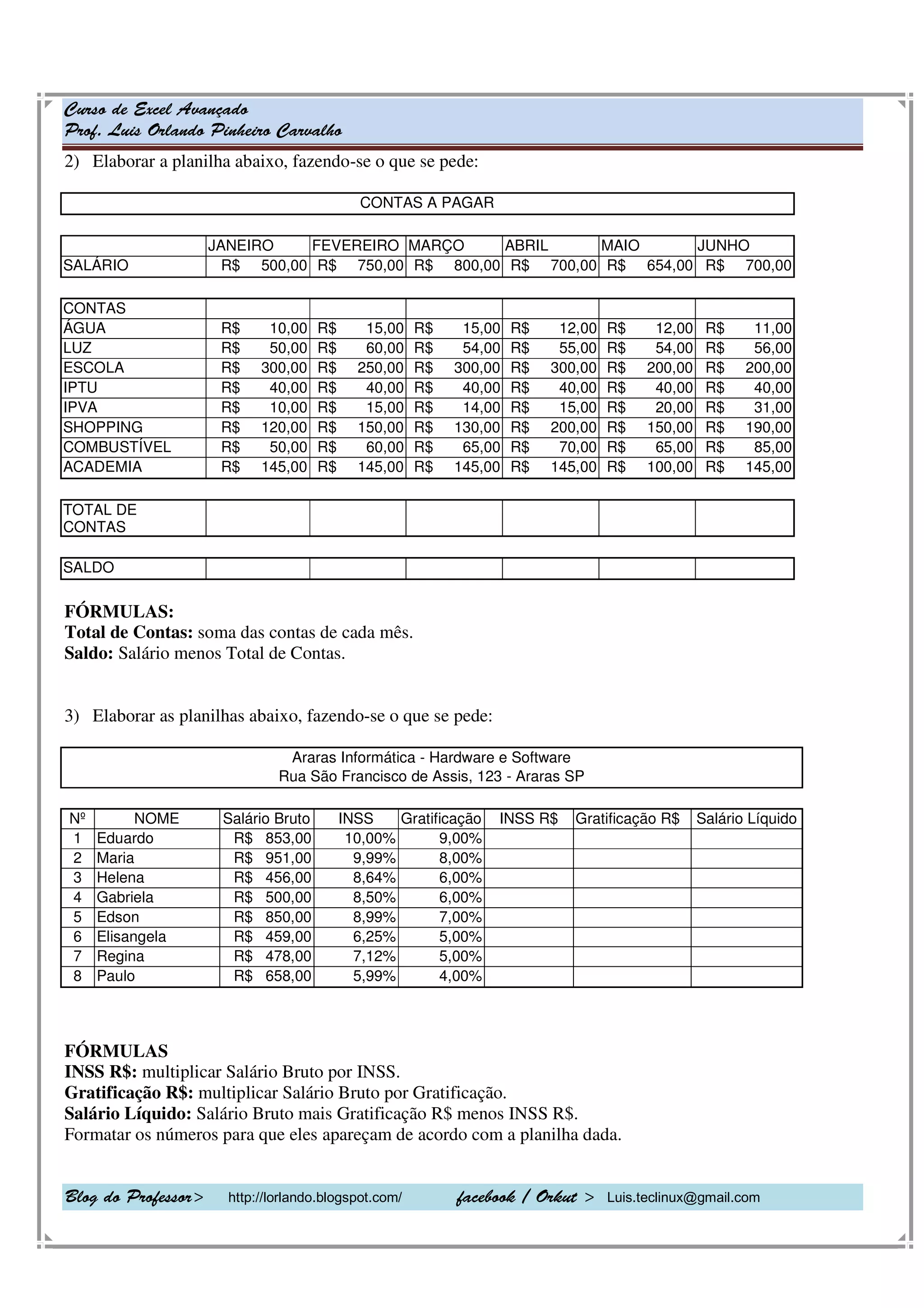 Excel lista de exercicios básicos | PDF
